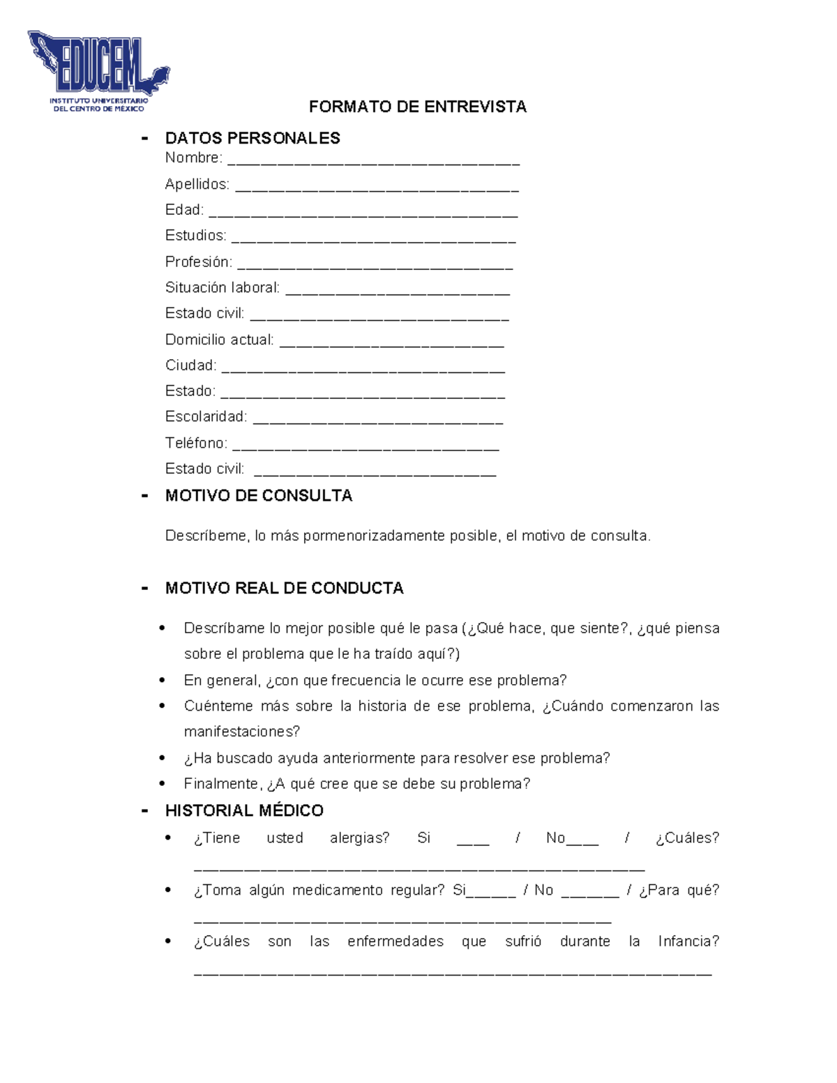 Formato DE Entrevista - FORMATO DE ENTREVISTA DATOS PERSONALES Nombre ...