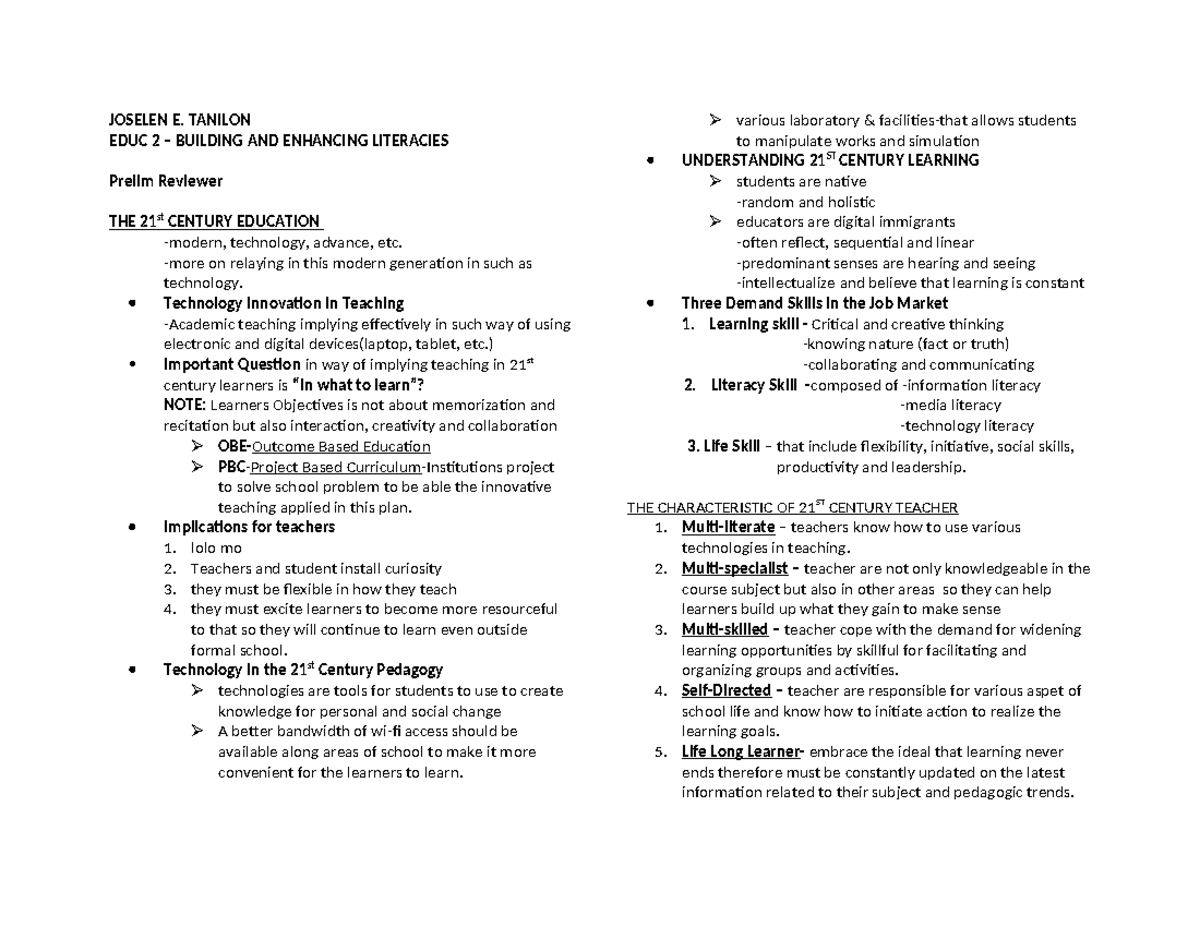 EDUC-2- Reviewer - Summary Bachelor of Secondary Education - JOSELEN E ...