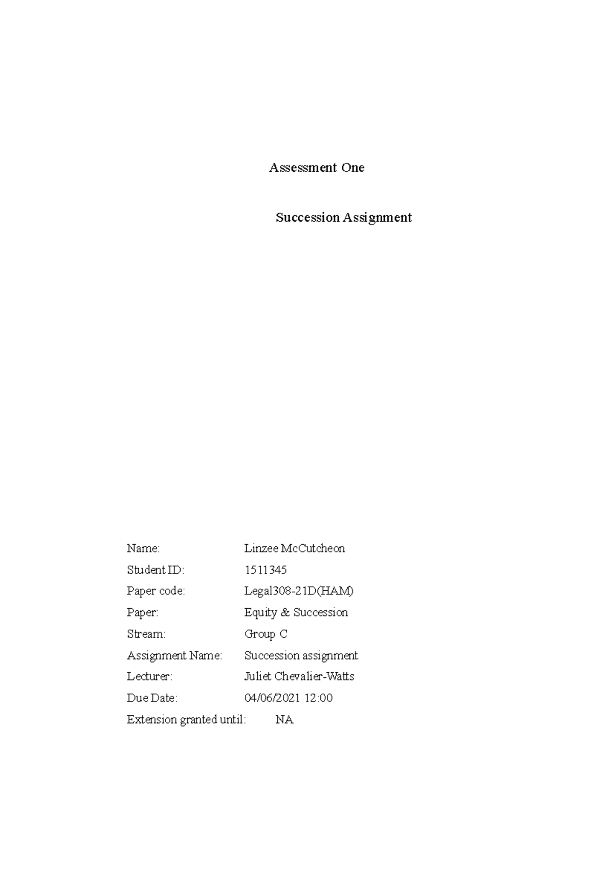 Succession Assignment final Draft - Assessment One Succession ...