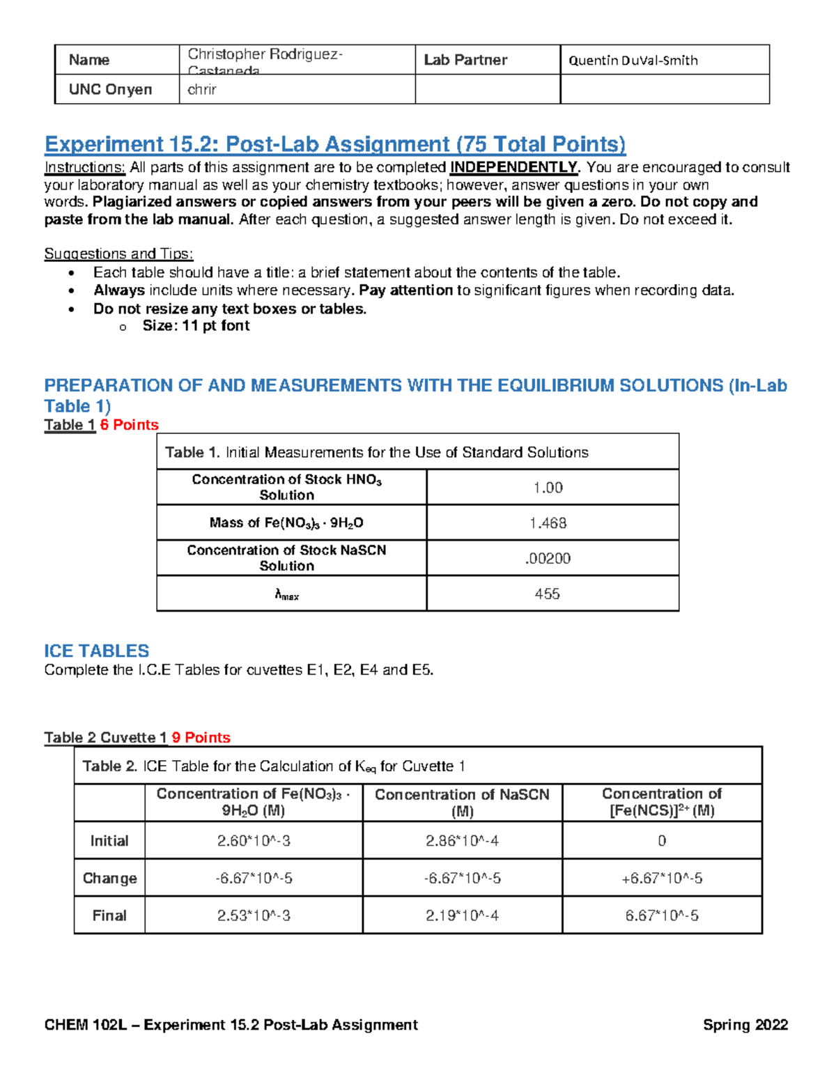 Exp 15 2 Post Lab SP22 Final - CHEM 102L – Experiment 15 Post-Lab ...