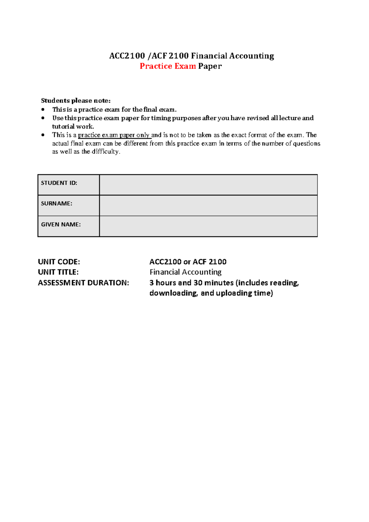 Sample/practice exam 2020, questions - ACC2100 /ACF 2100 Financial ...