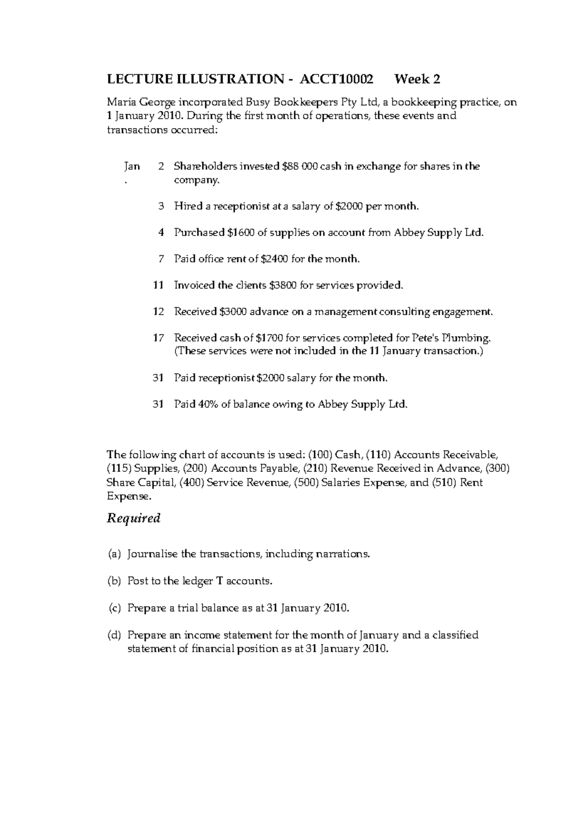 Busy Bookkeepers Task - lecture task - LECTURE ILLUSTRATION - ACCT10002 ...