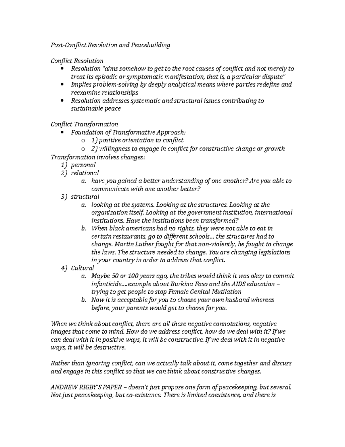 Soc war lecturenotes 5 - Lecture notes 5 - Post-Conflict Resolution and ...