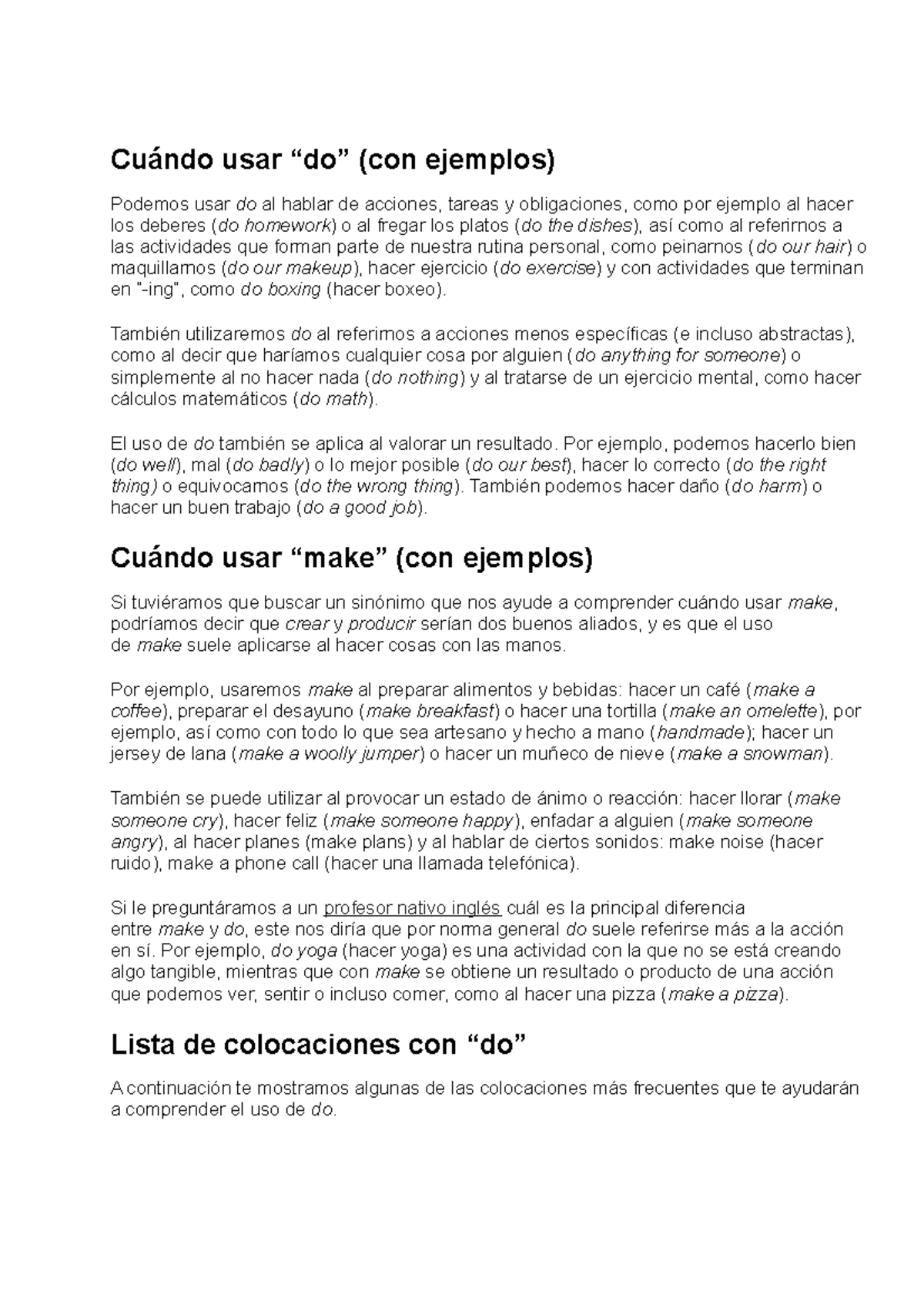 DO y MAKE - Apuntes de clase de ingles - Cuándo usar “do” (con ejemplos ...