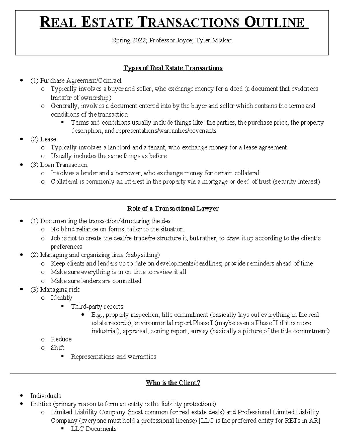 RET Outline - REAL ESTATE TRANSACTIONS OUTLINE Spring 2022; Professor ...