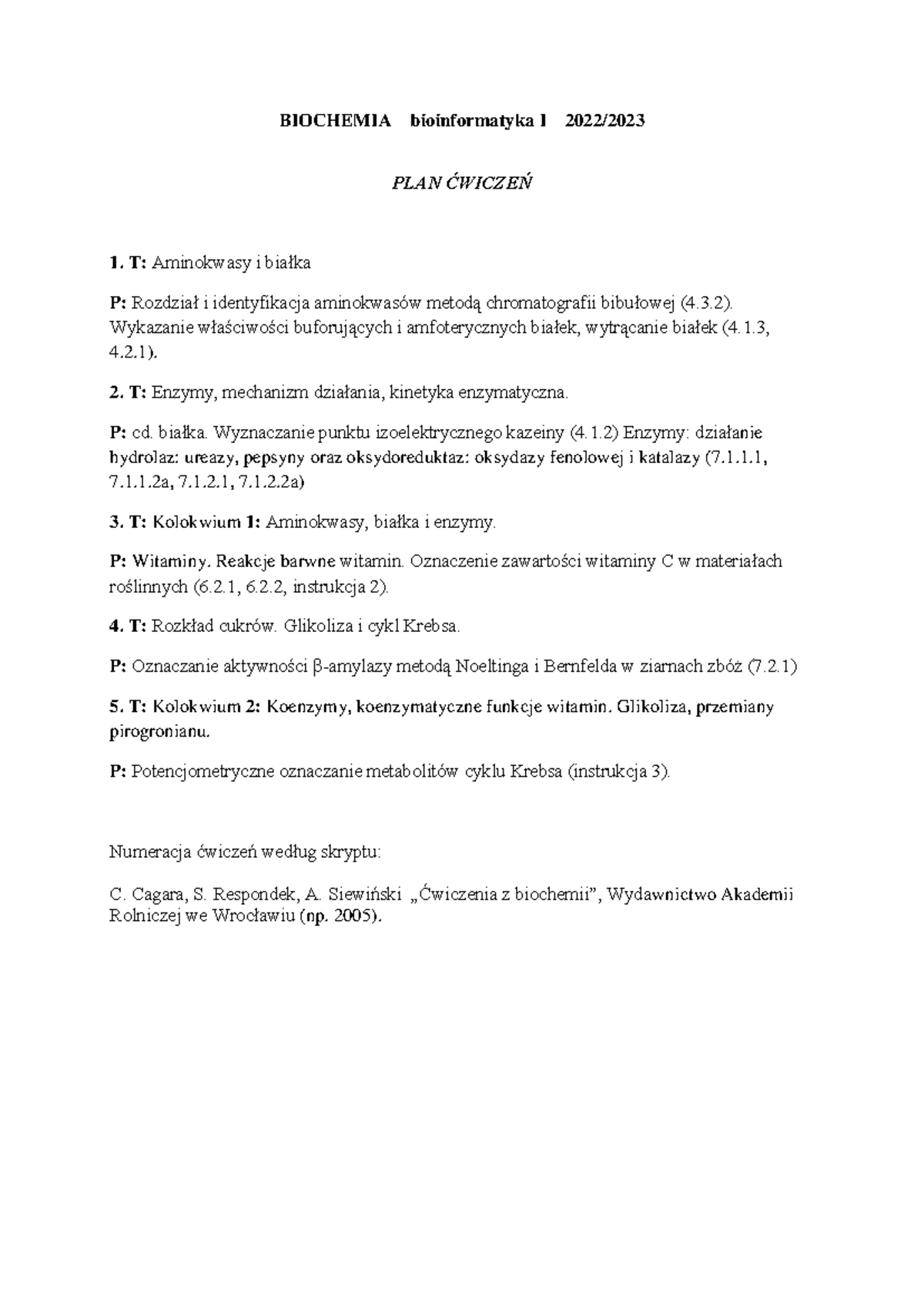3 plan ćwiczeń BI 2022 23 - BIOCHEMIA bioinformatyka I 2022/ PLAN ...