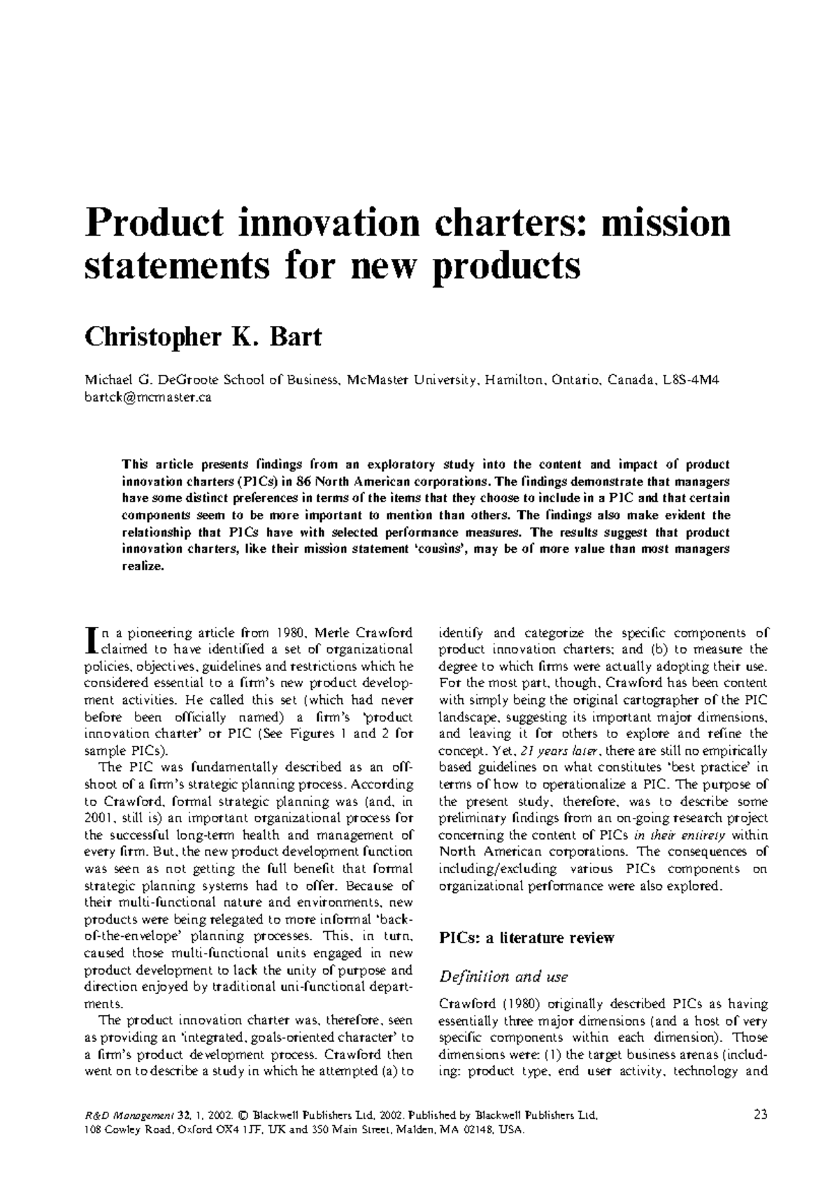 PIC - article - Product innovation charters: mission statements for new ...