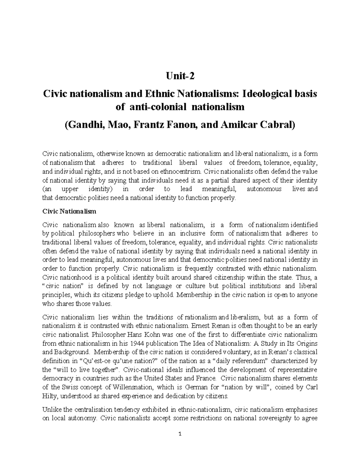 Unit 2 Civic nationalism - Unit- Civic nationalism and Ethnic ...