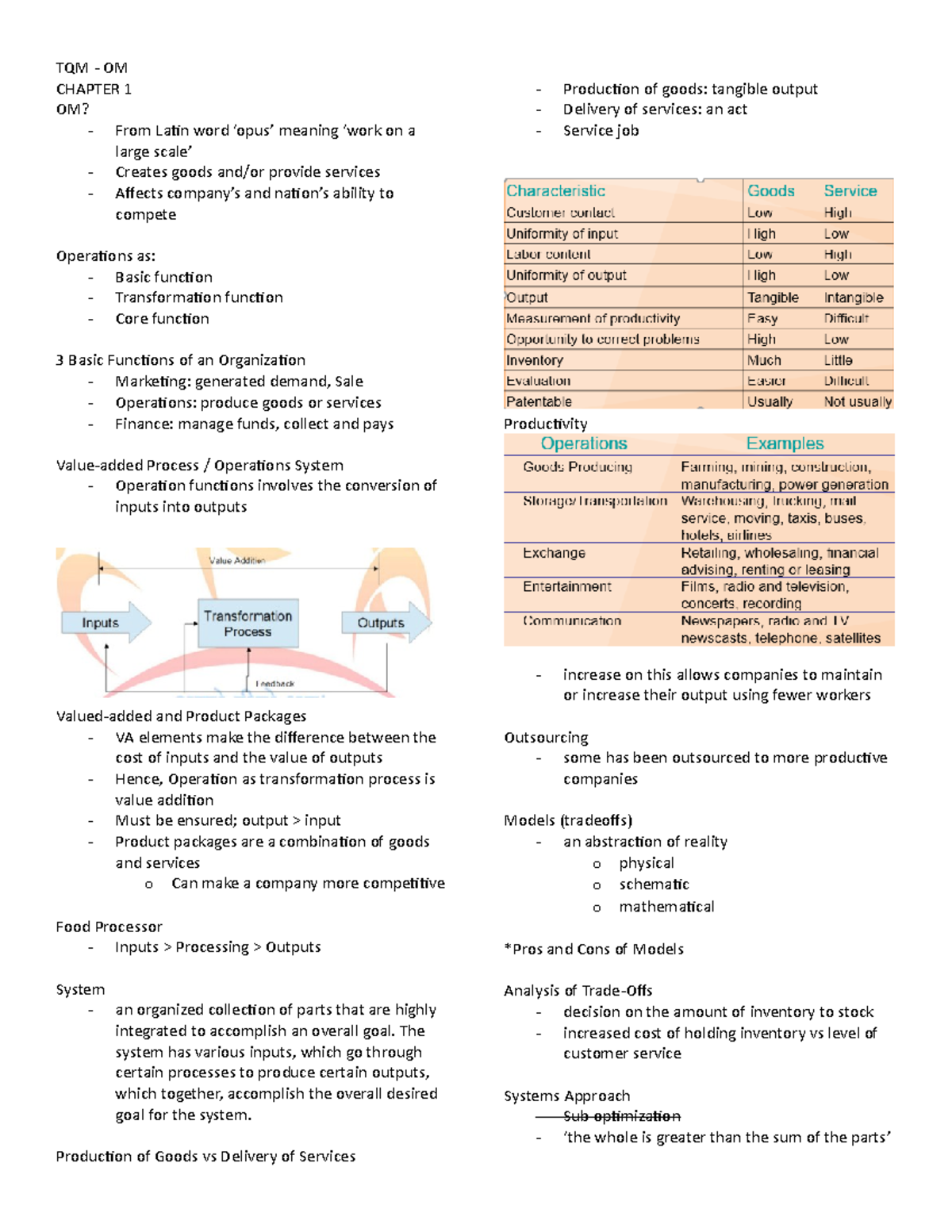 TQM - OM Reviewer - CHAPTER 1 OM? From Latin word ‘opus’ meaning ‘work ...
