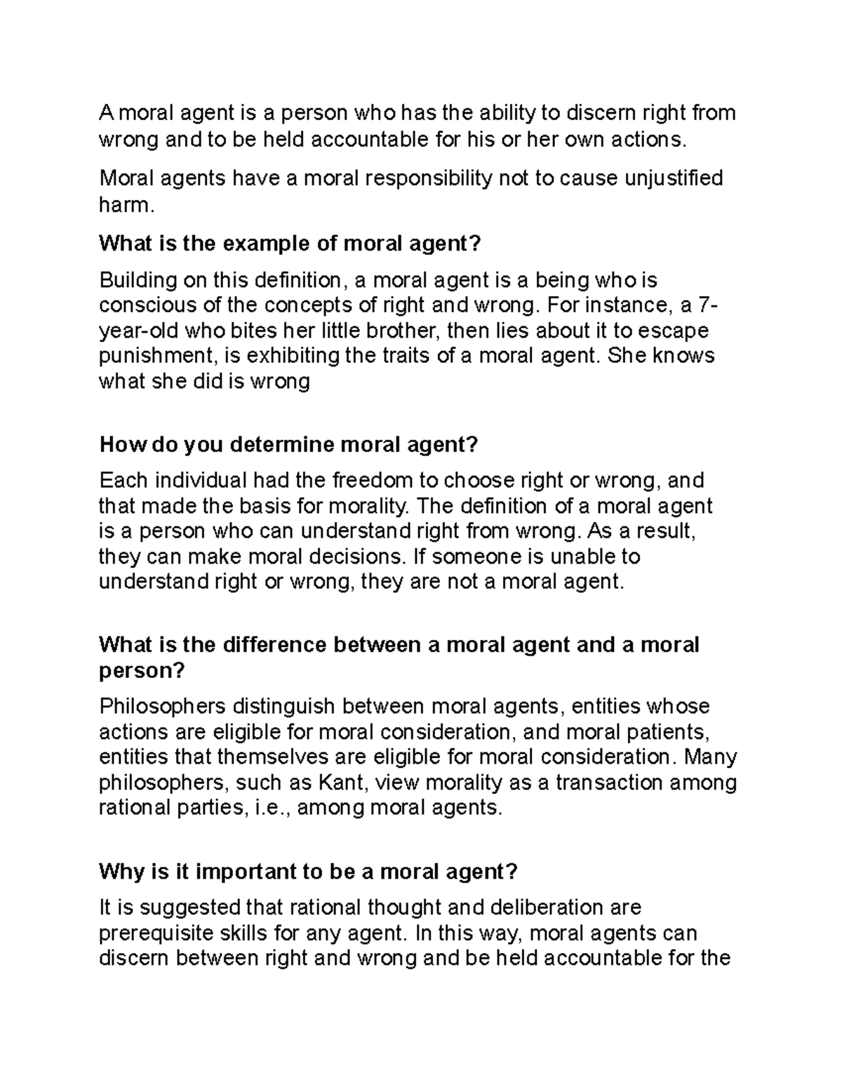 Ethics Midterm - Lecture - A moral agent is a person who has the ...