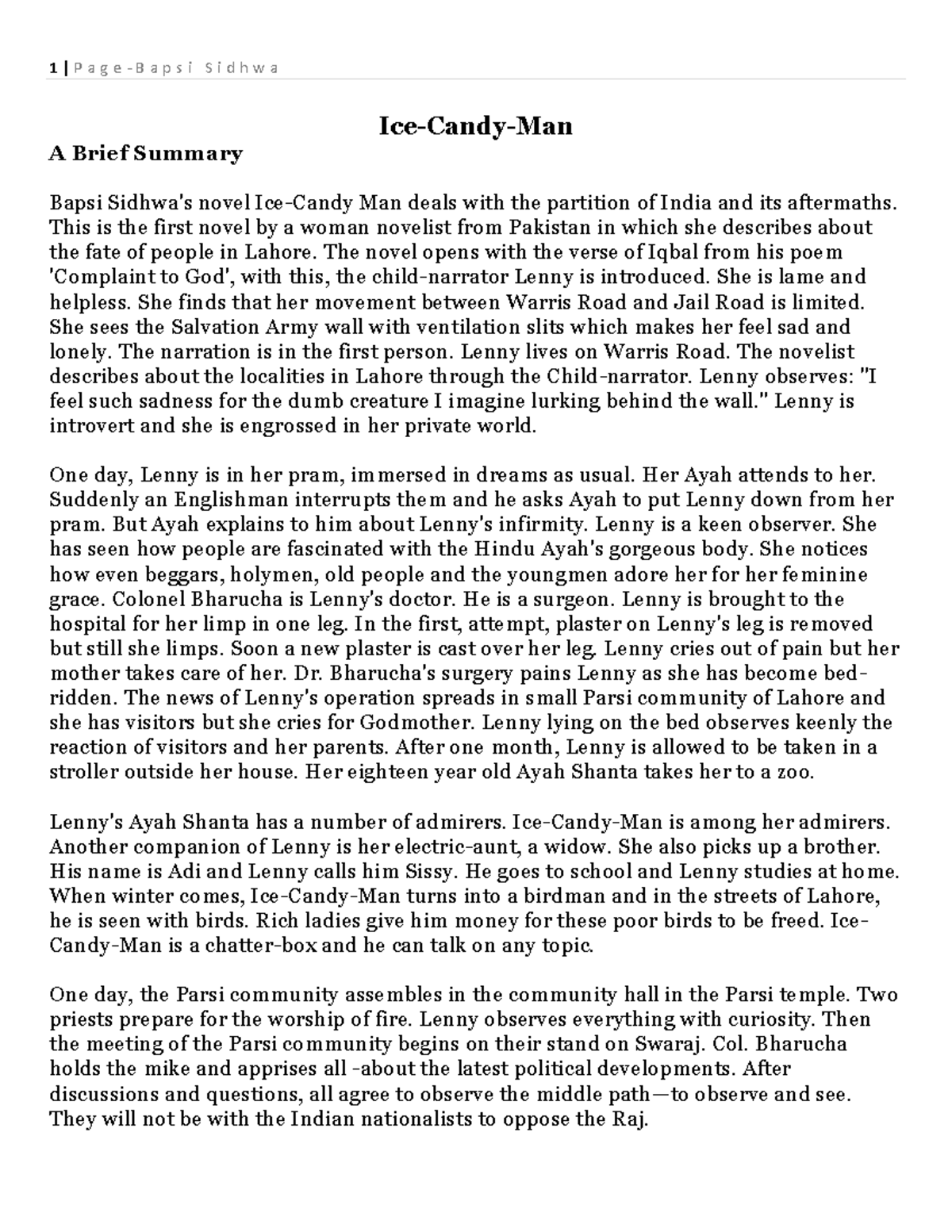 Feismo - Ice-Candy-Man A Brief Summary Bapsi Sidhwa's novel Ice-Candy ...