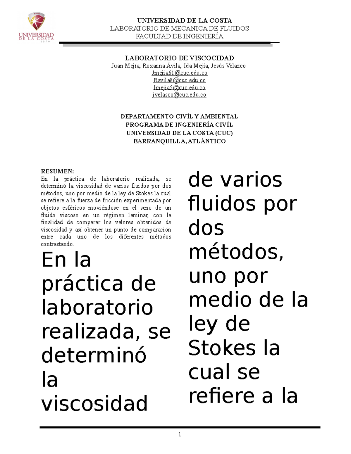 Laboratorio de viscocid ad - FACULTAD DE INGENIERÍA Juan Mejía, Roxanna ...