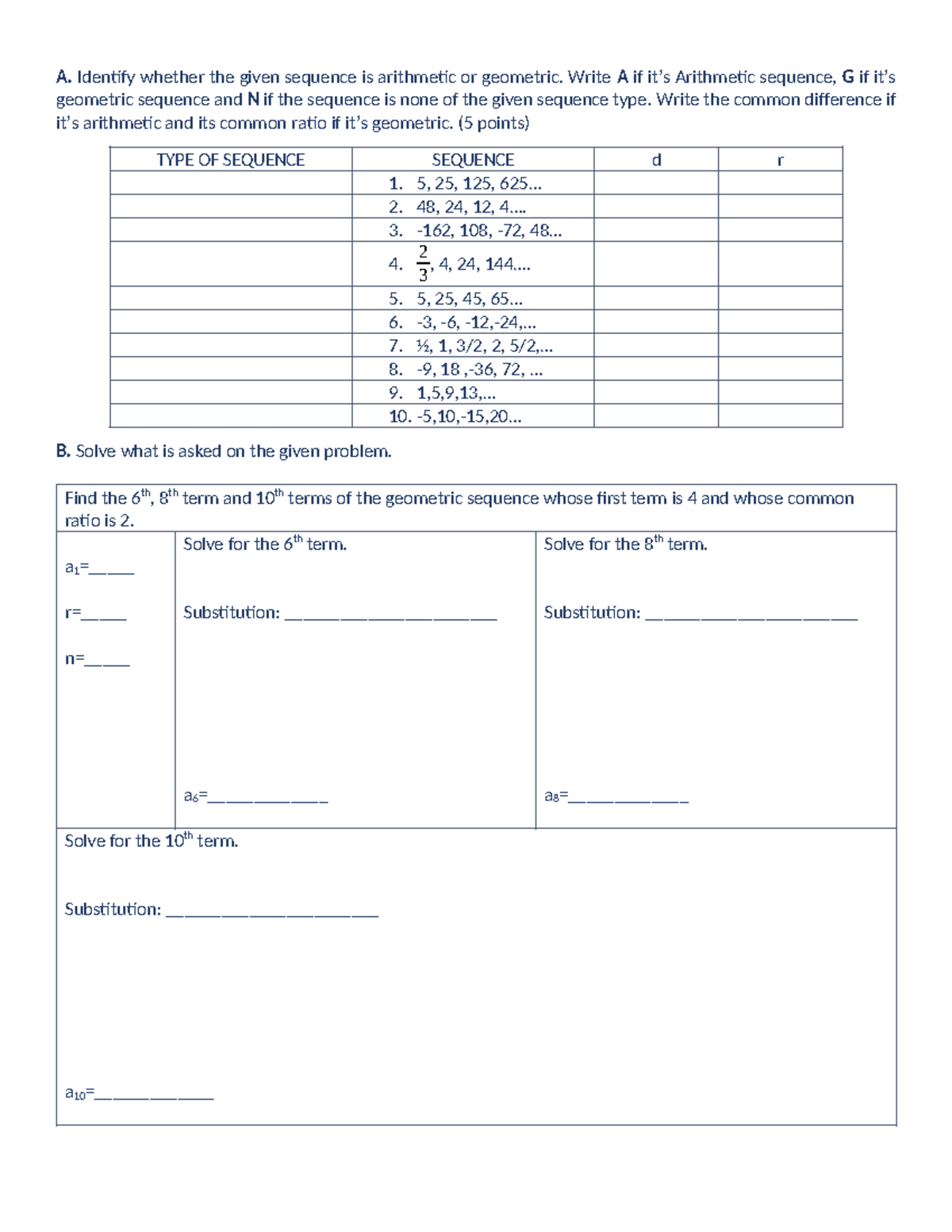 Geometric- Sequence- Activity - A. Identify whether the given sequence ...