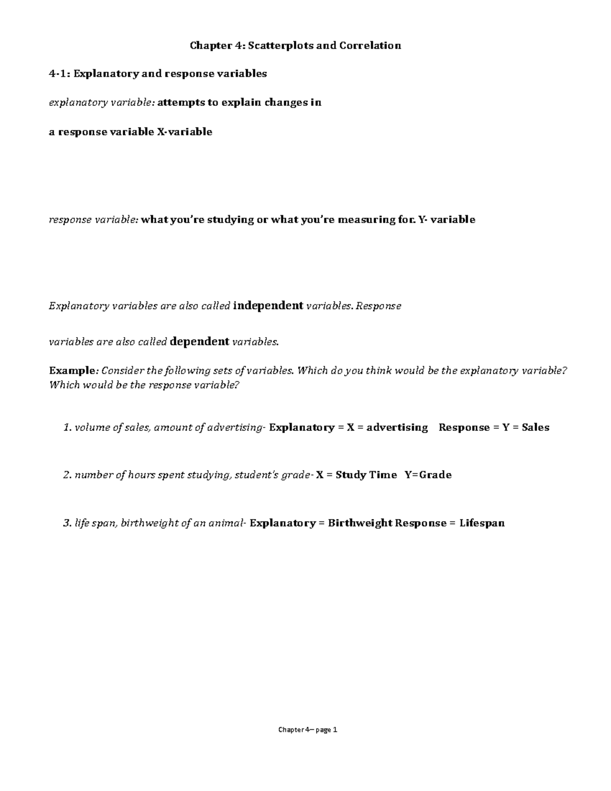 Ch4 Scatterplots and Correlation - Chapter 4: Scatterplots and Correlation 4-1: Explanatory and ...