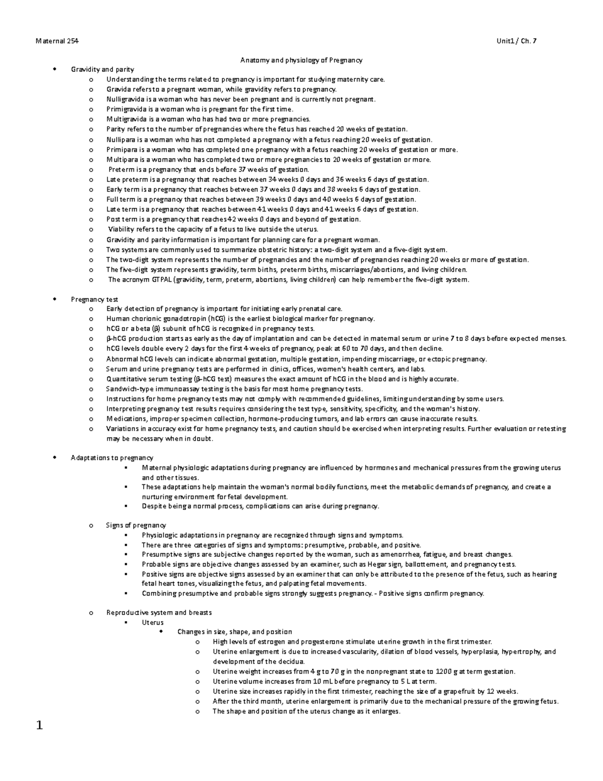 Maternal 254 ch 7 - outline - Maternal 254 Unit1 / Ch. 7 Anatomy and ...