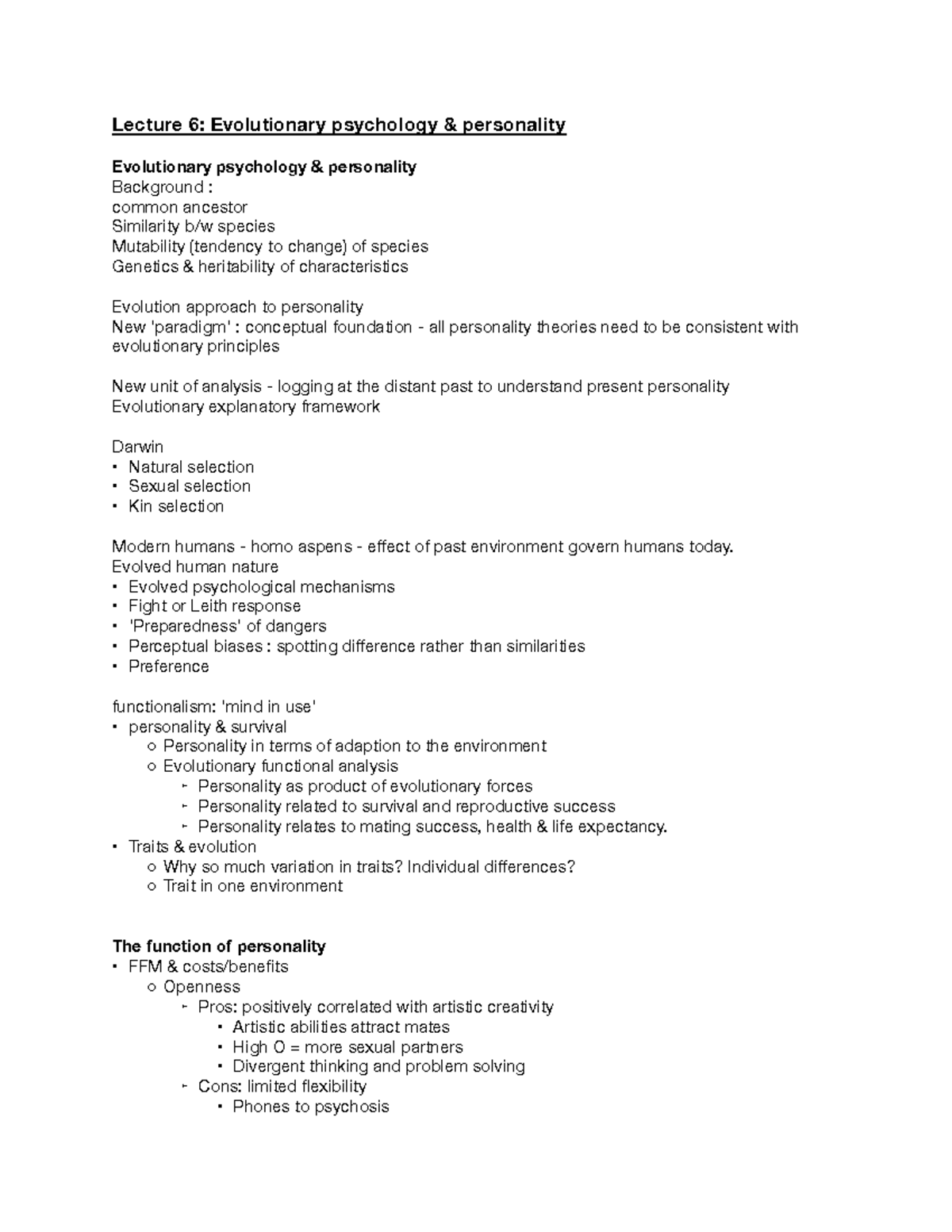 Evolutionary psychology & personality - Lecture 6: Evolutionary ...