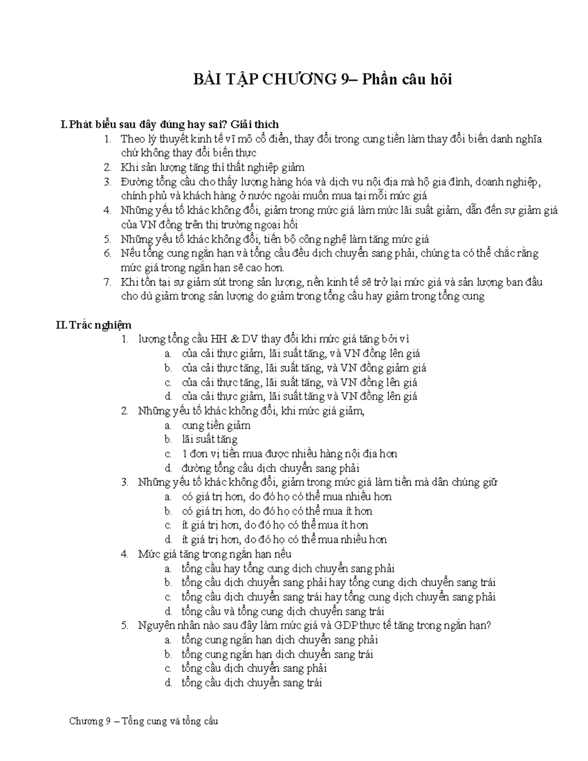 Bài tập kinh tế vĩ mô, bài tập chương 9, bài tập câu hỏi trắc nghiệm và ...