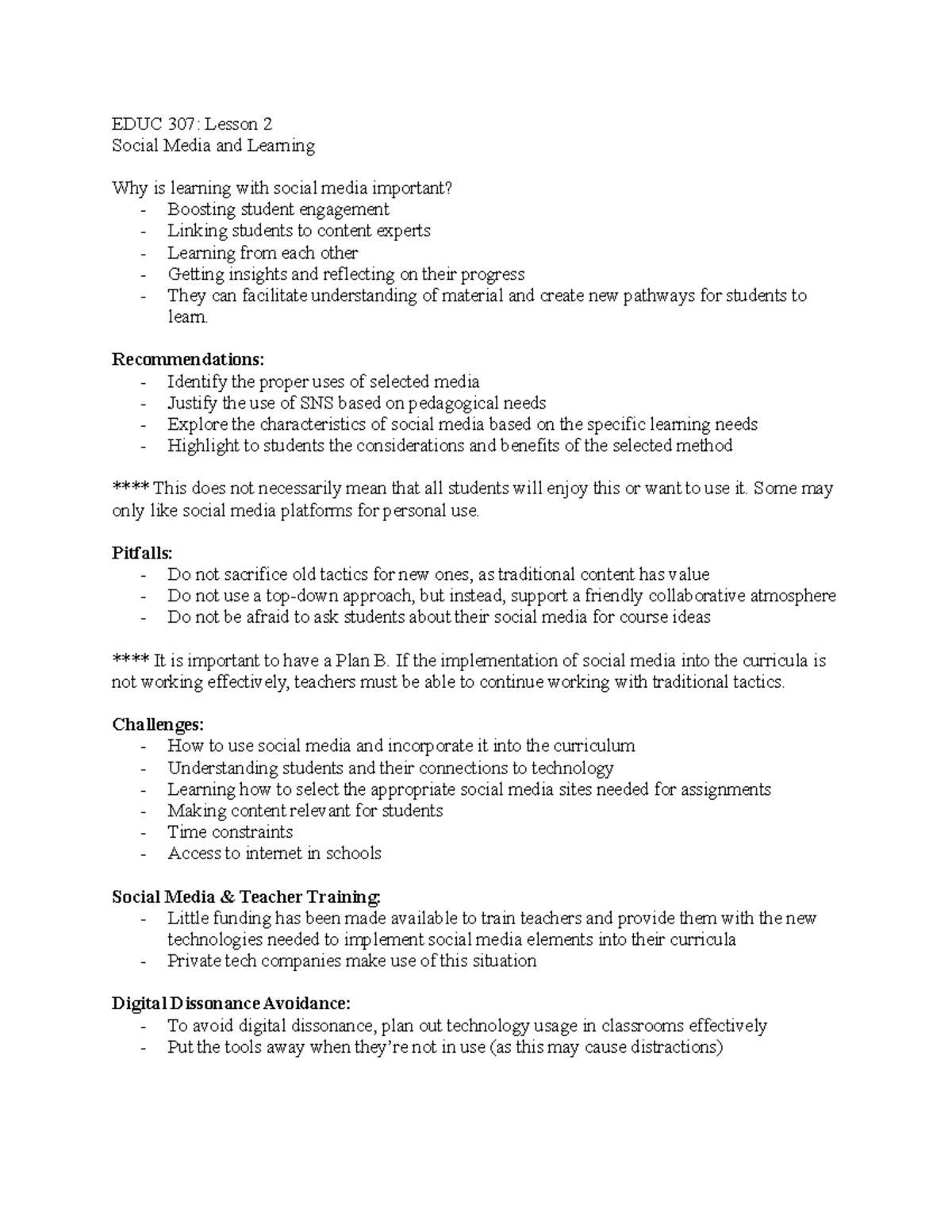 EDUC 307 Lesson 2 - Notes - EDUC 307: Lesson 2 Social Media and ...