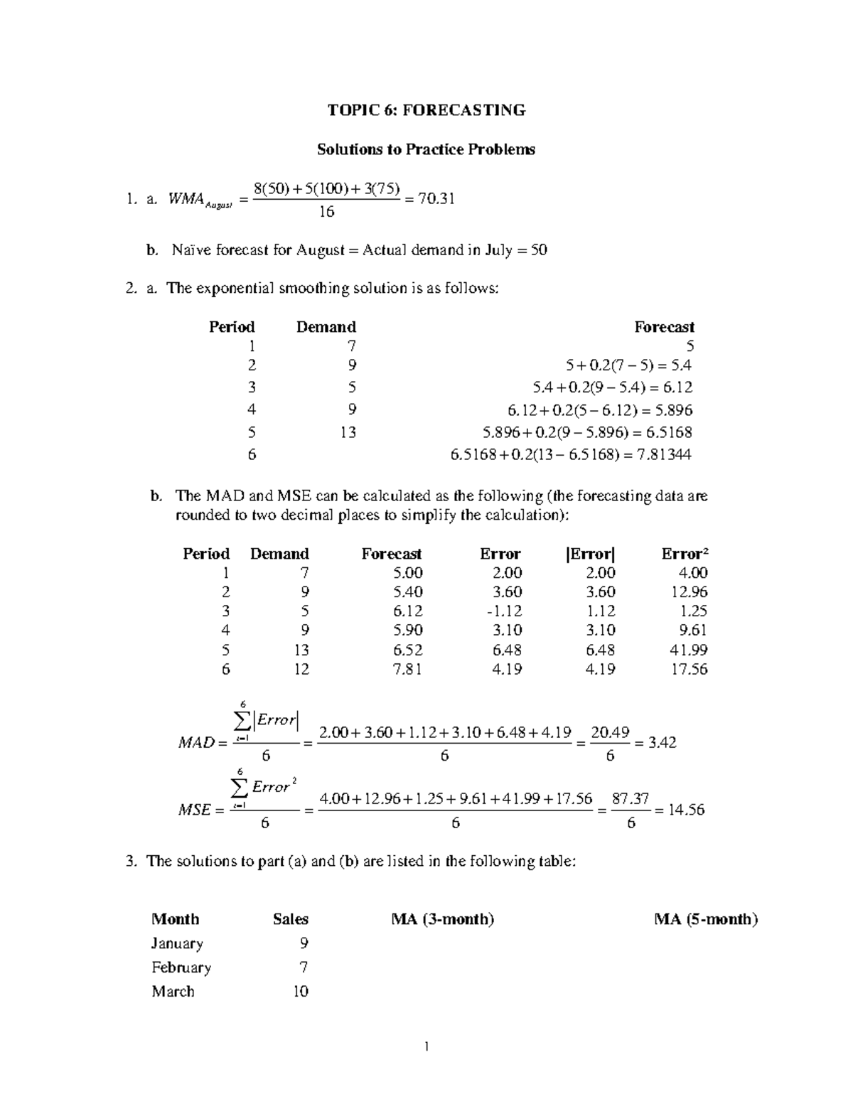 Topic 6 - Practice Problems - Answers - TOPIC 6: FORECASTING Solutions ...
