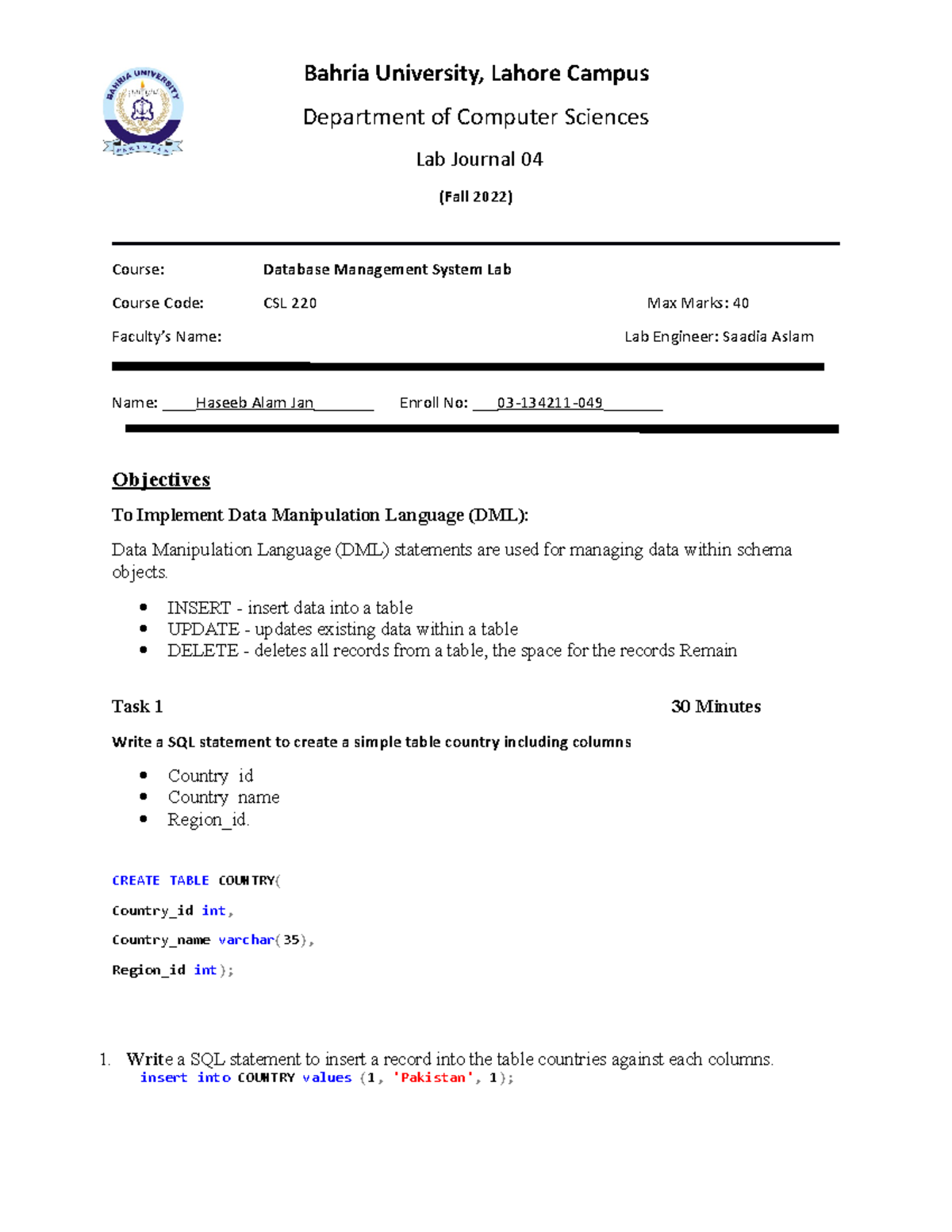 J 4 31102022 052348 pm - Bahria University, Lahore Campus Department of Computer Sciences Lab ...