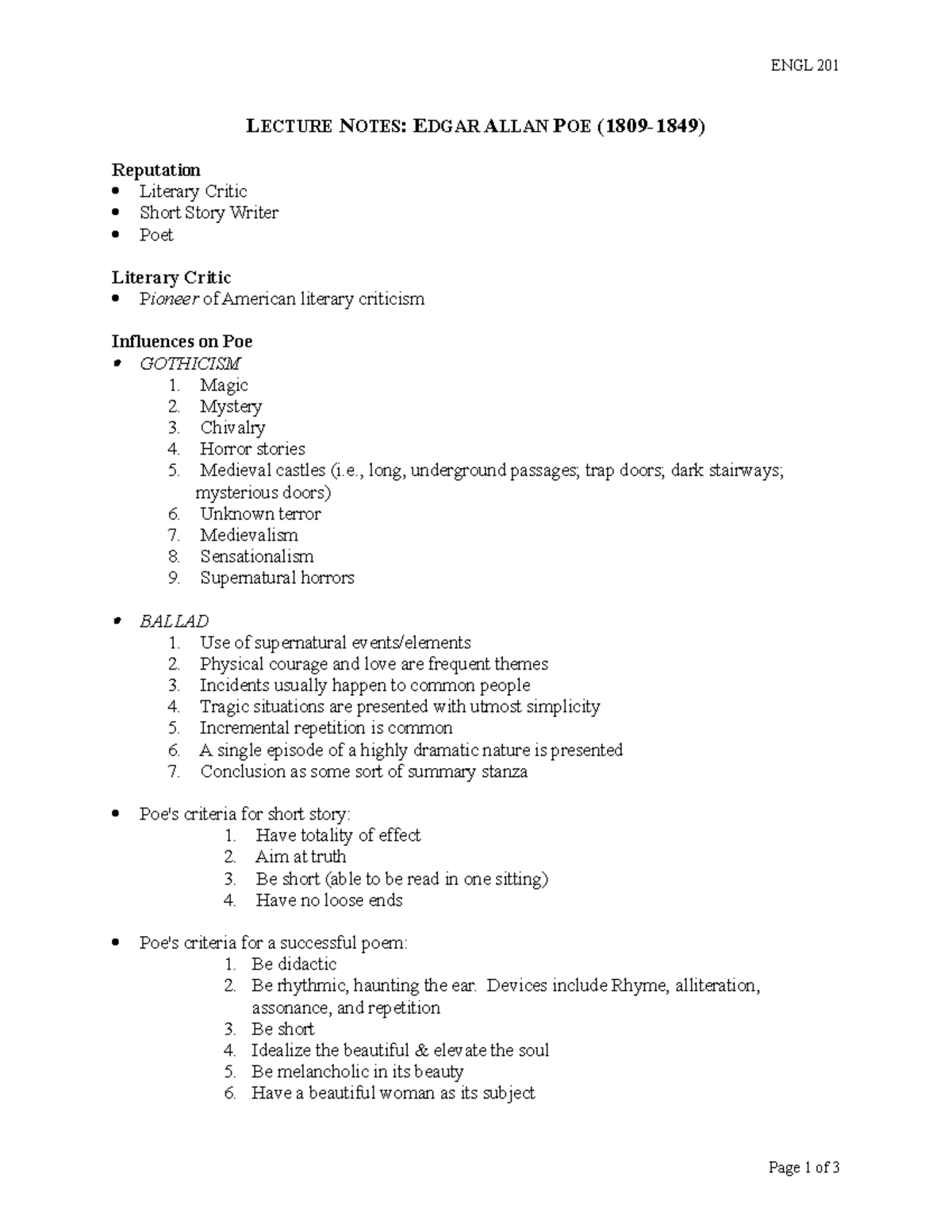 Lecture Notes Edgar Allan Poe - ENGL 201 LECTURE NOTES: EDGAR ALLAN POE ...