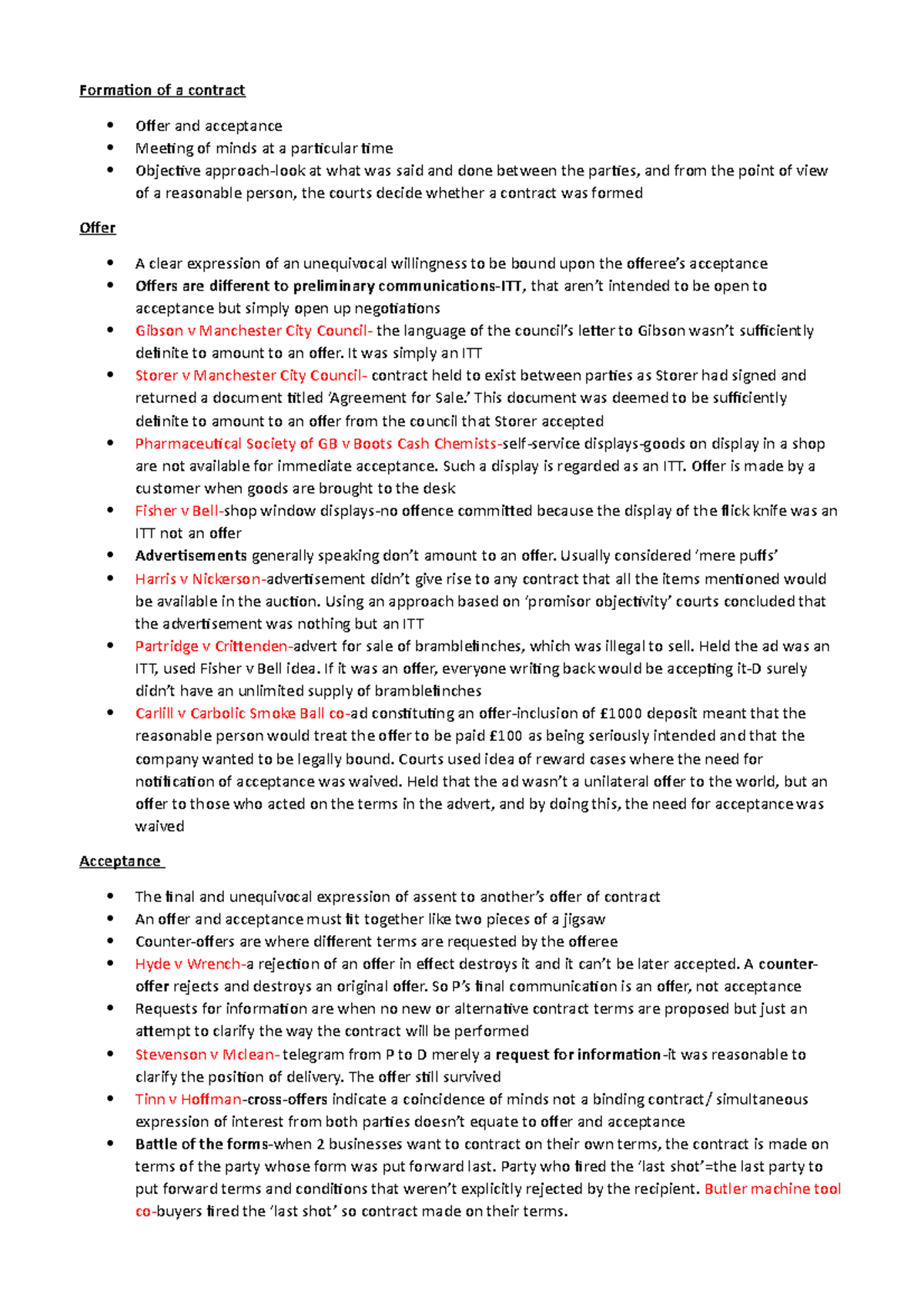 Formation of a contract revision notes - Formation of a contract Offer ...