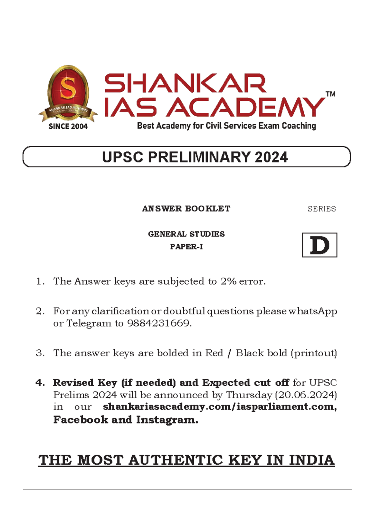 SIA-UPSC- Prelims 2024- Paper 1- Answer-KEY - ANSWER BOOKLET SERIES ...