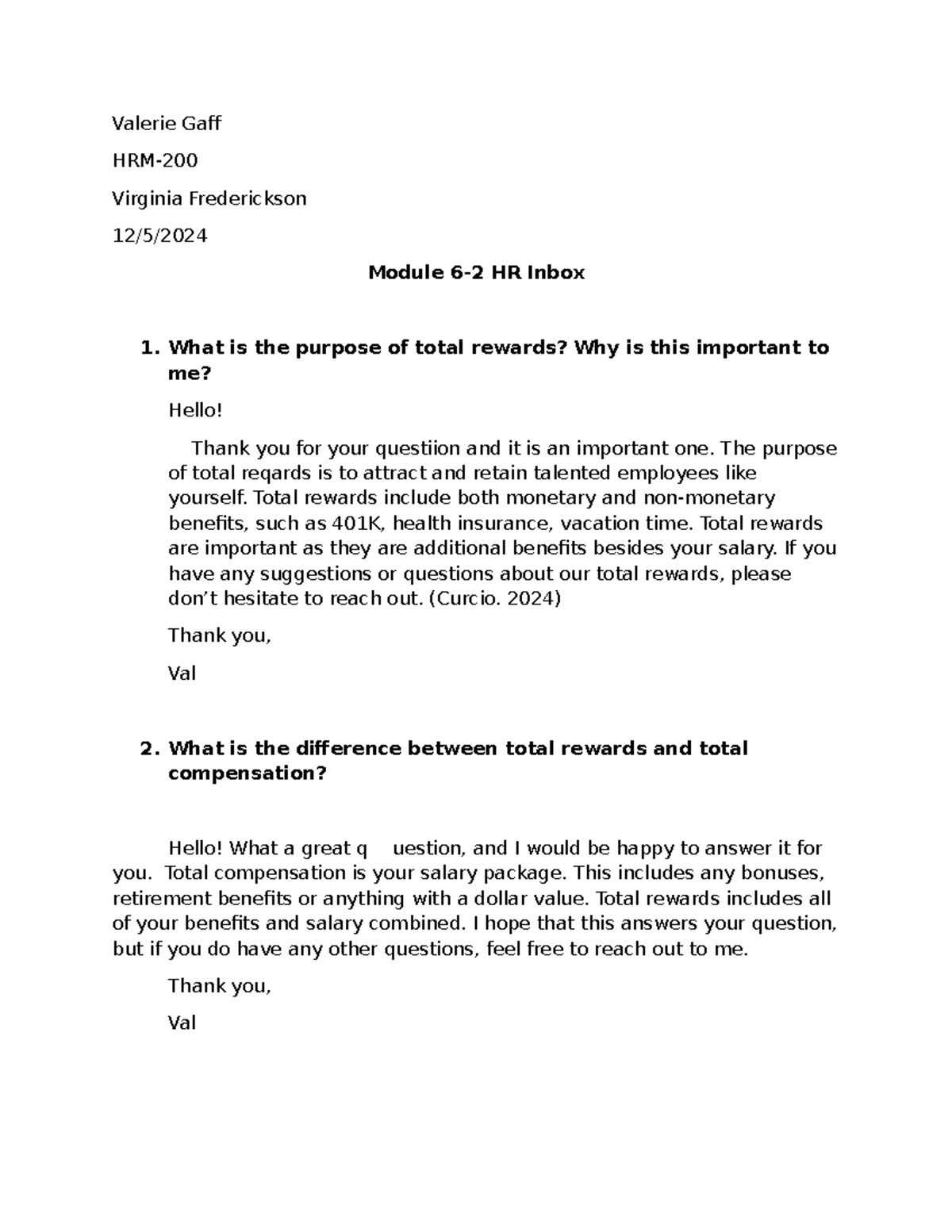 Module 6 HR Inbox - Valerie Gaff HRM- Virginia Frederickson 12/5 ...