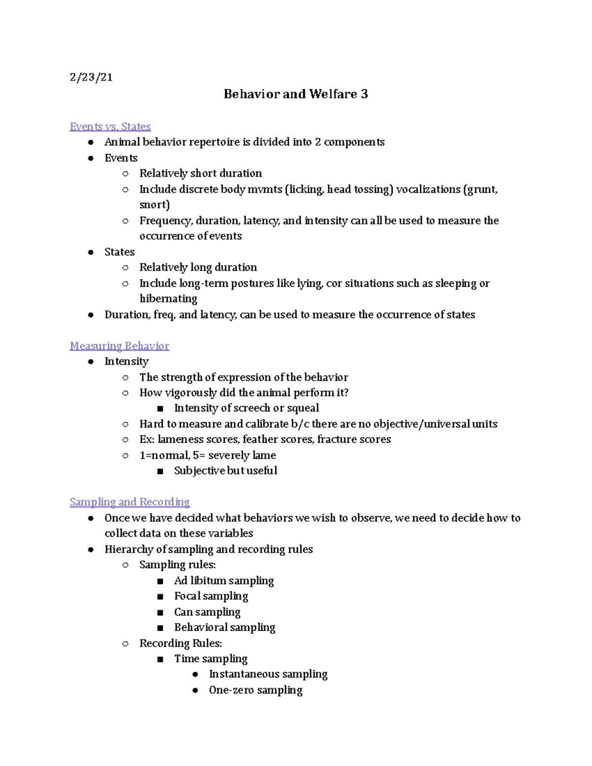 Behavior and Welfare 3 - 2/23/ Behavior and Welfare 3 Events vs. States ...
