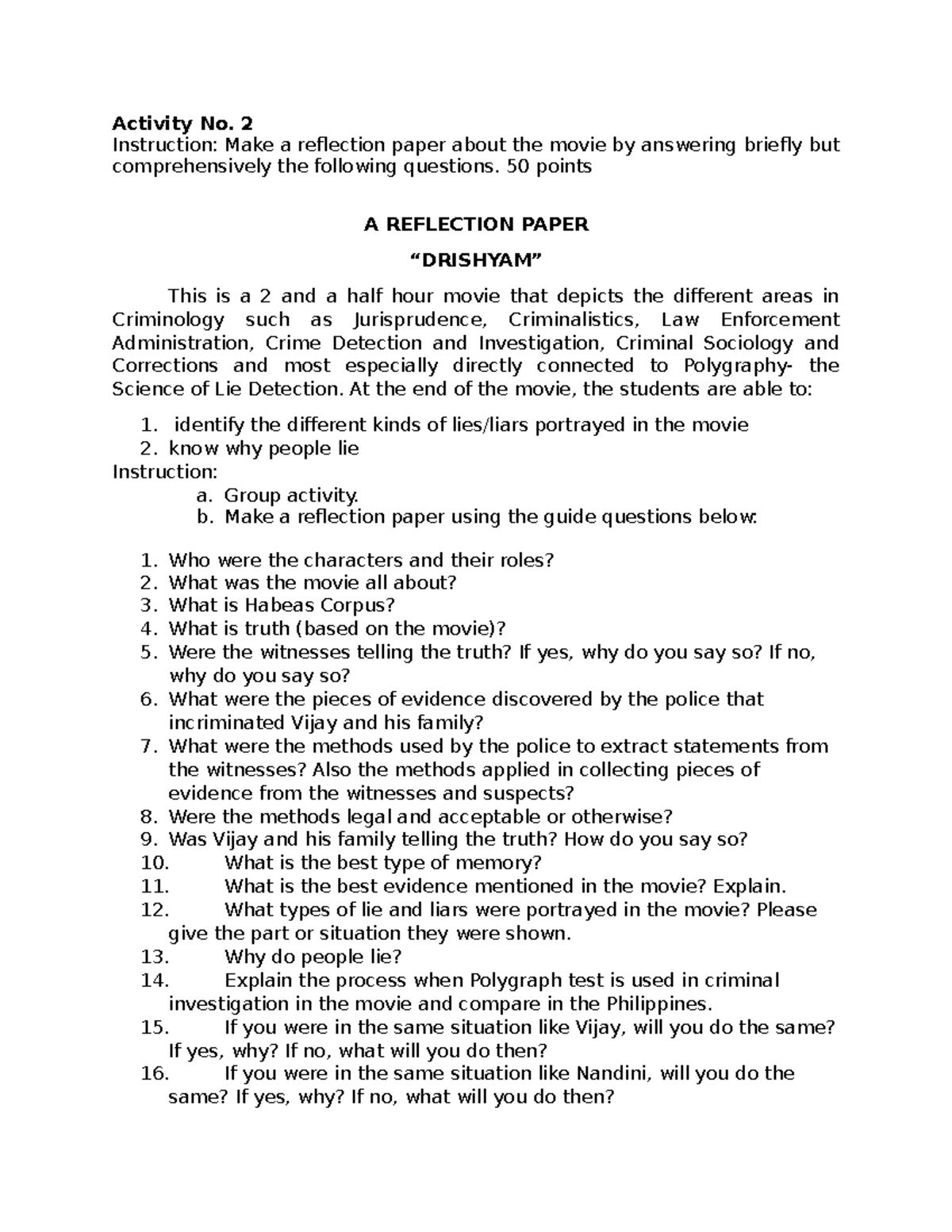 Lie Detection Activity NO - Activity No. 2 Instruction: Make a ...