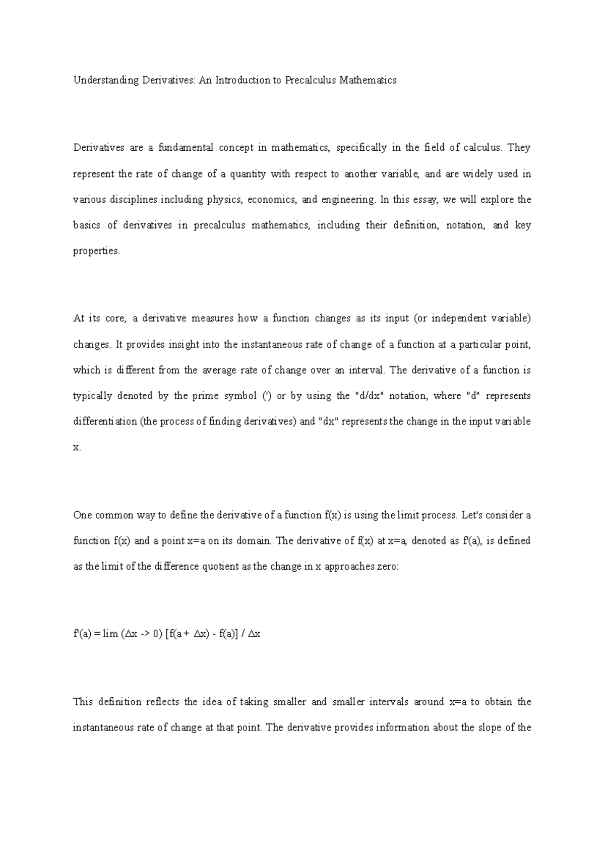 Understanding Derivatives An Introduction to Precalculus Mathematics ...