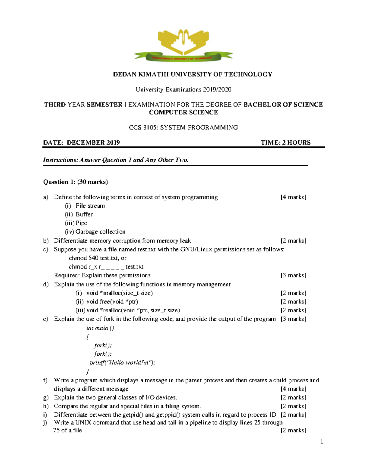 CCS 3105 Systems Programming Examinations - 1 DEDAN KIMATHI UNIVERSITY OF TECHNOLOGY University ...