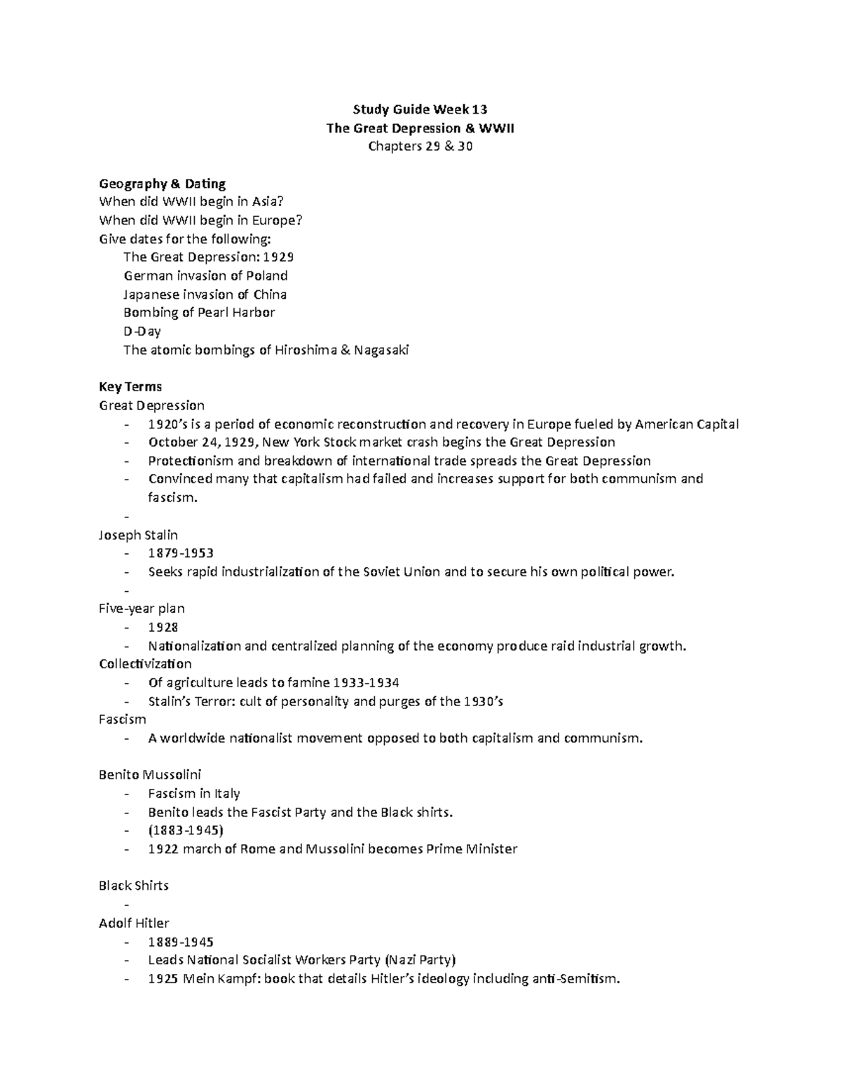 Study Guide Week 13 The Great Depression and WWII - Study Guide Week 13 ...