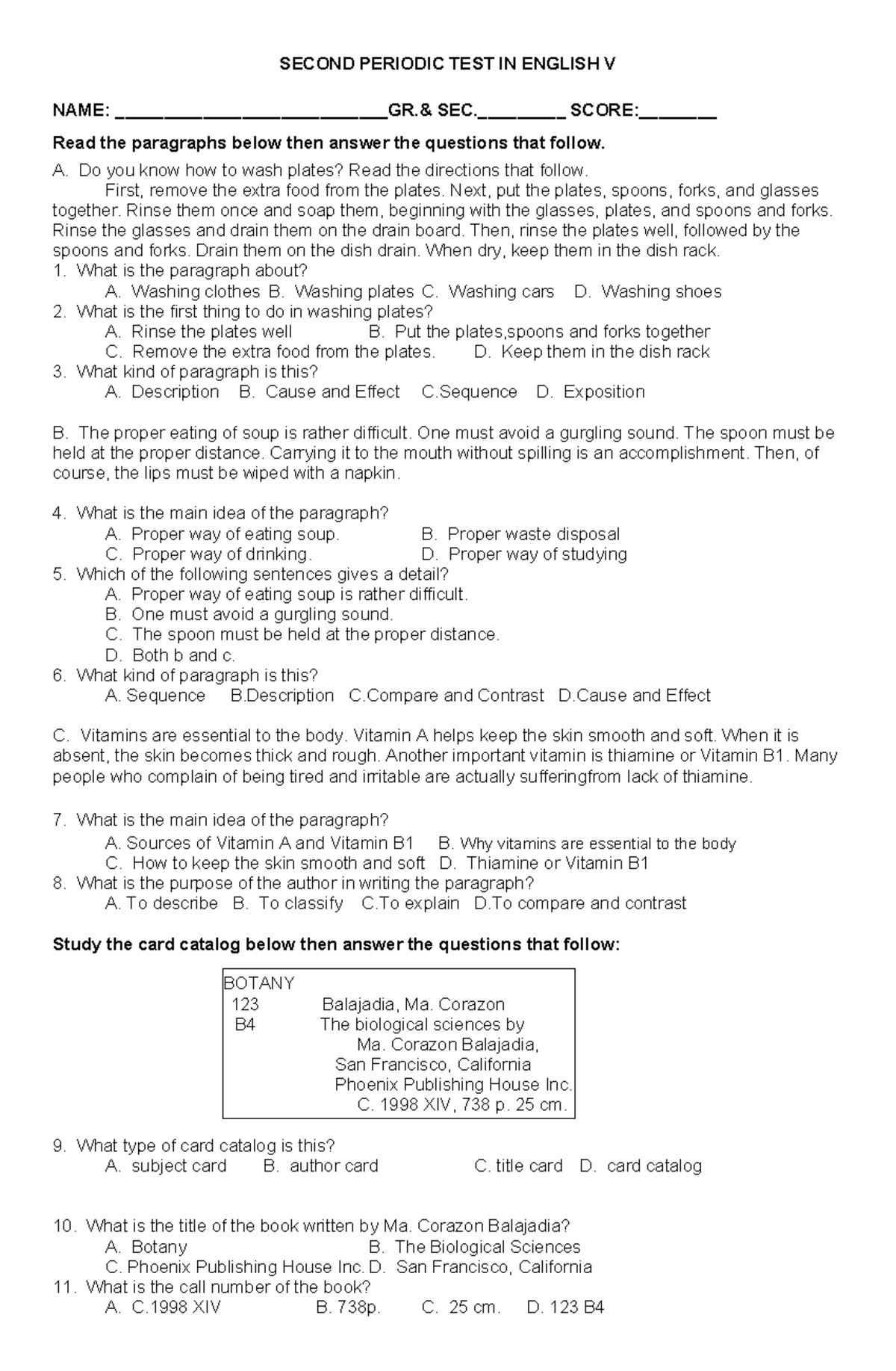 Second monthly test in English 5 Q2 - SECOND PERIODIC TEST IN ENGLISH V ...
