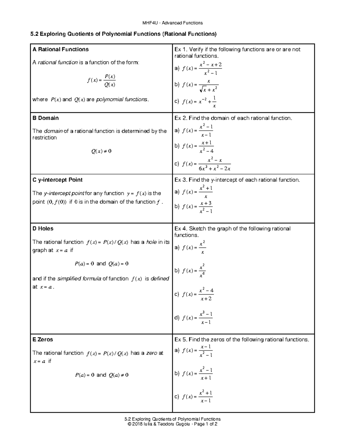 52h Rational Functions practice for - MHF4U - Advanced Functions 5 ...
