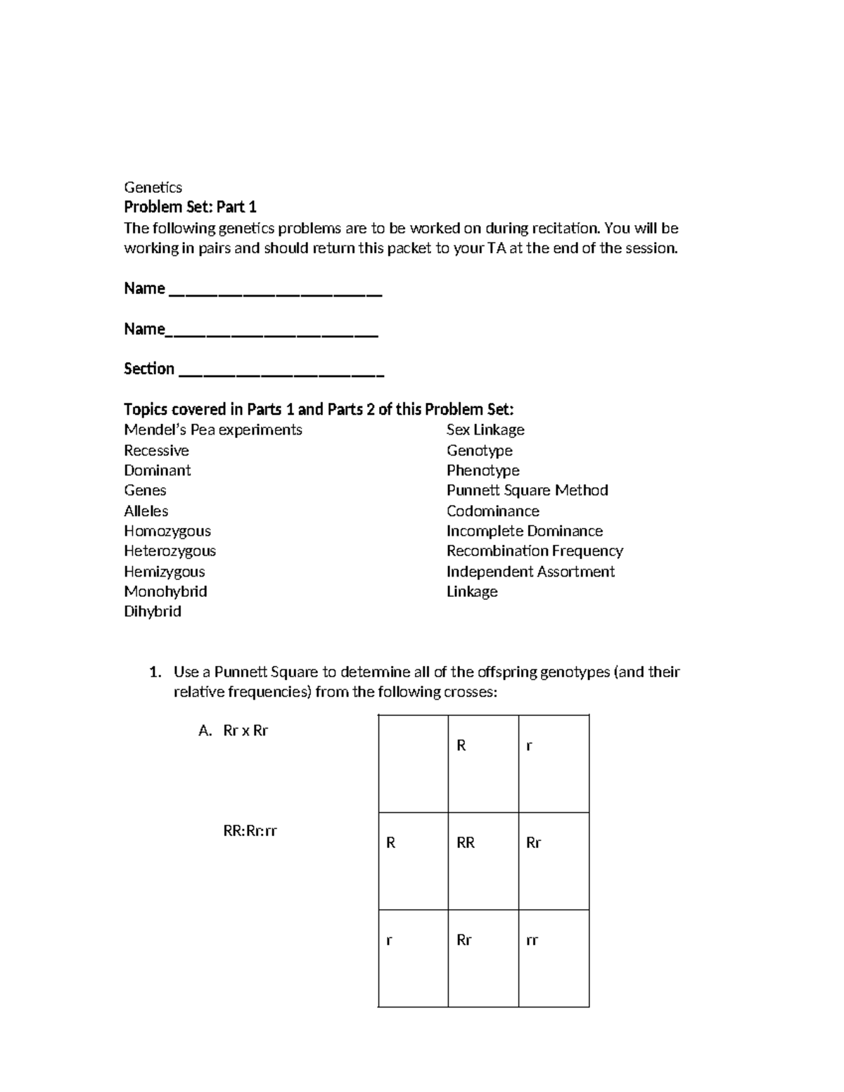 Genetics Problems Part1 W22 - Genetics Problem Set: Part 1 The ...