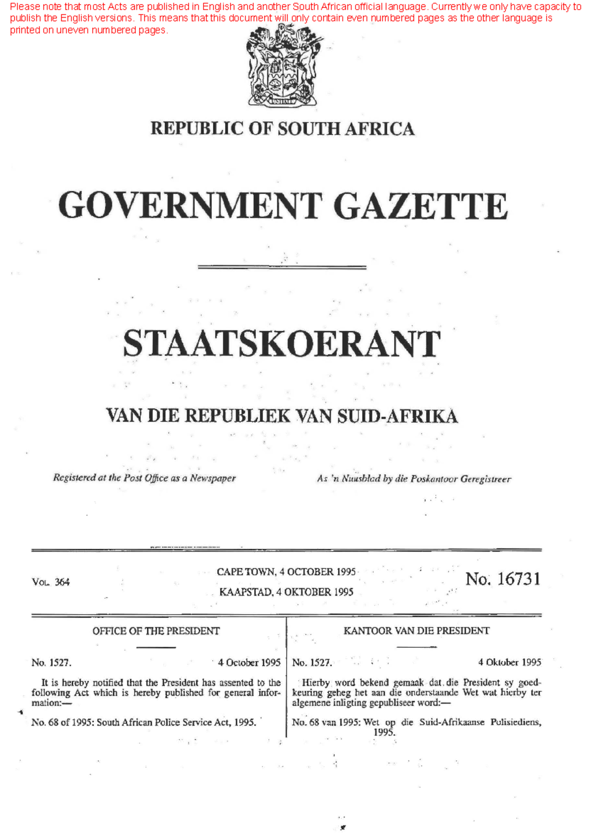 Act68of1995 police act - REPUBLIC OF SOUTH AFRICA GOVERNMENT GAZETTE ...