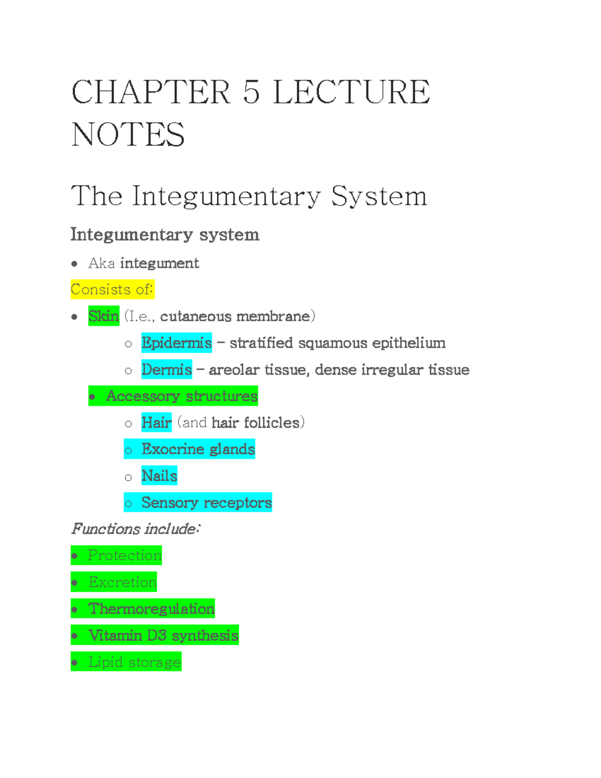 Bio Chapter 5 notes - Dr. Justin Cobb - CHAPTER 5 LECTURE NOTES The ...