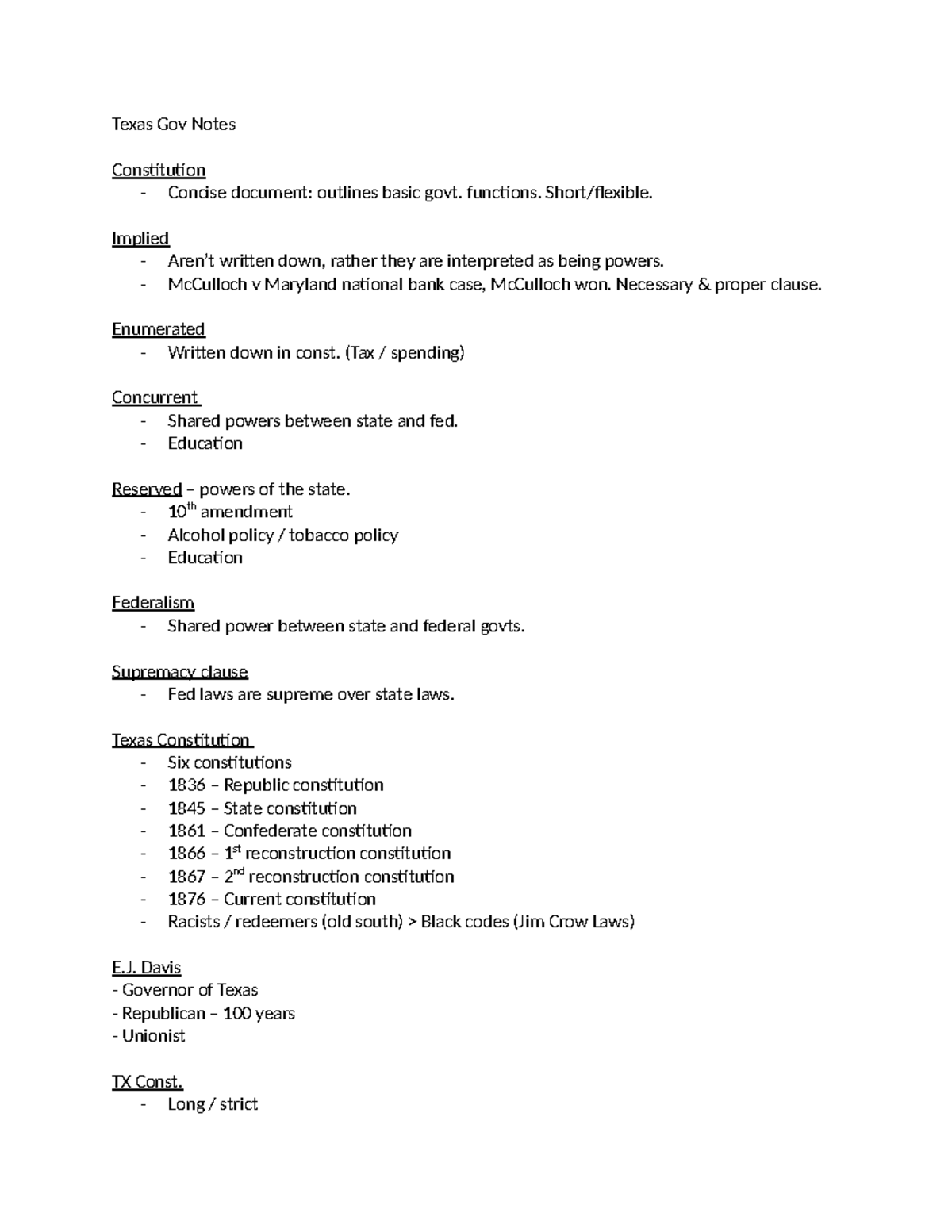 SI notes - Texas Gov Notes Constitution - Concise document: outlines ...