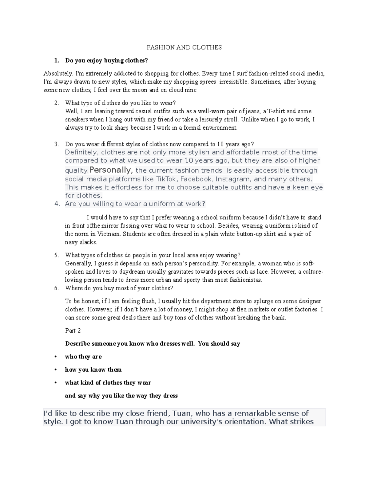 Fashion AND Clothes - speaking - FASHION AND CLOTHES 1. Do you enjoy ...