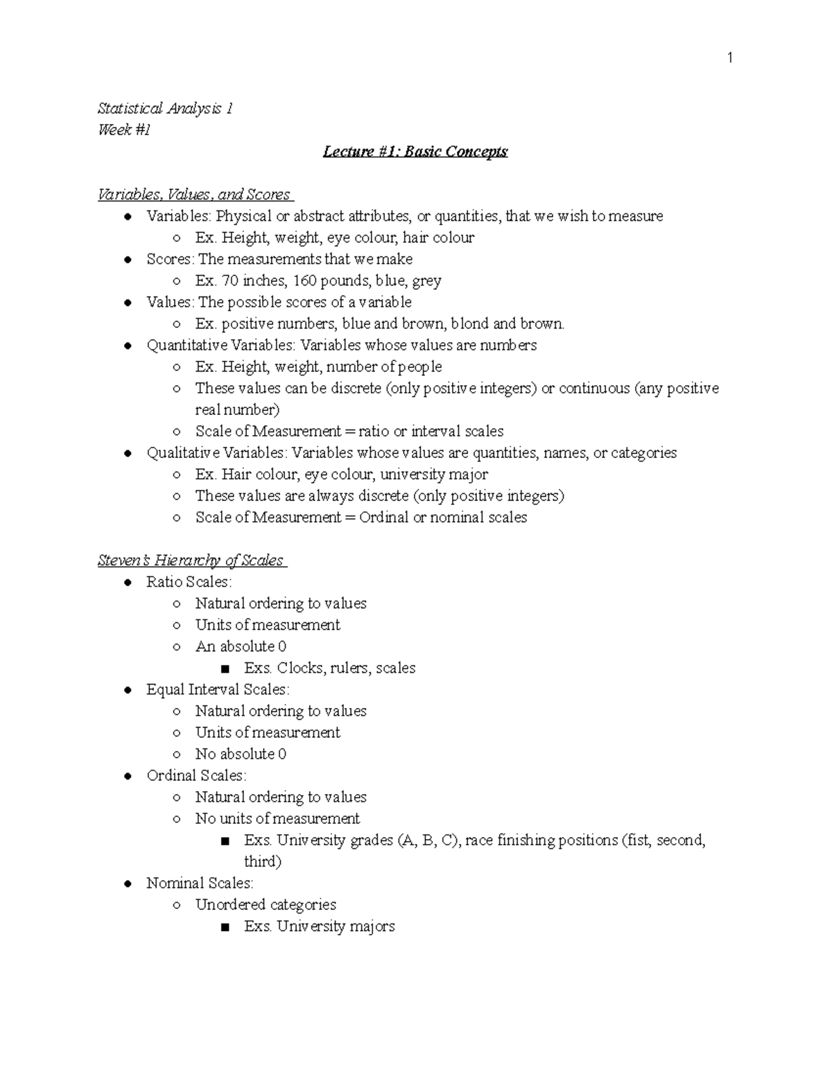 PSYC 315 - Lecture #1 - 1 Statistical Analysis 1 Week # Lecture #1: Basic Concepts Variables ...