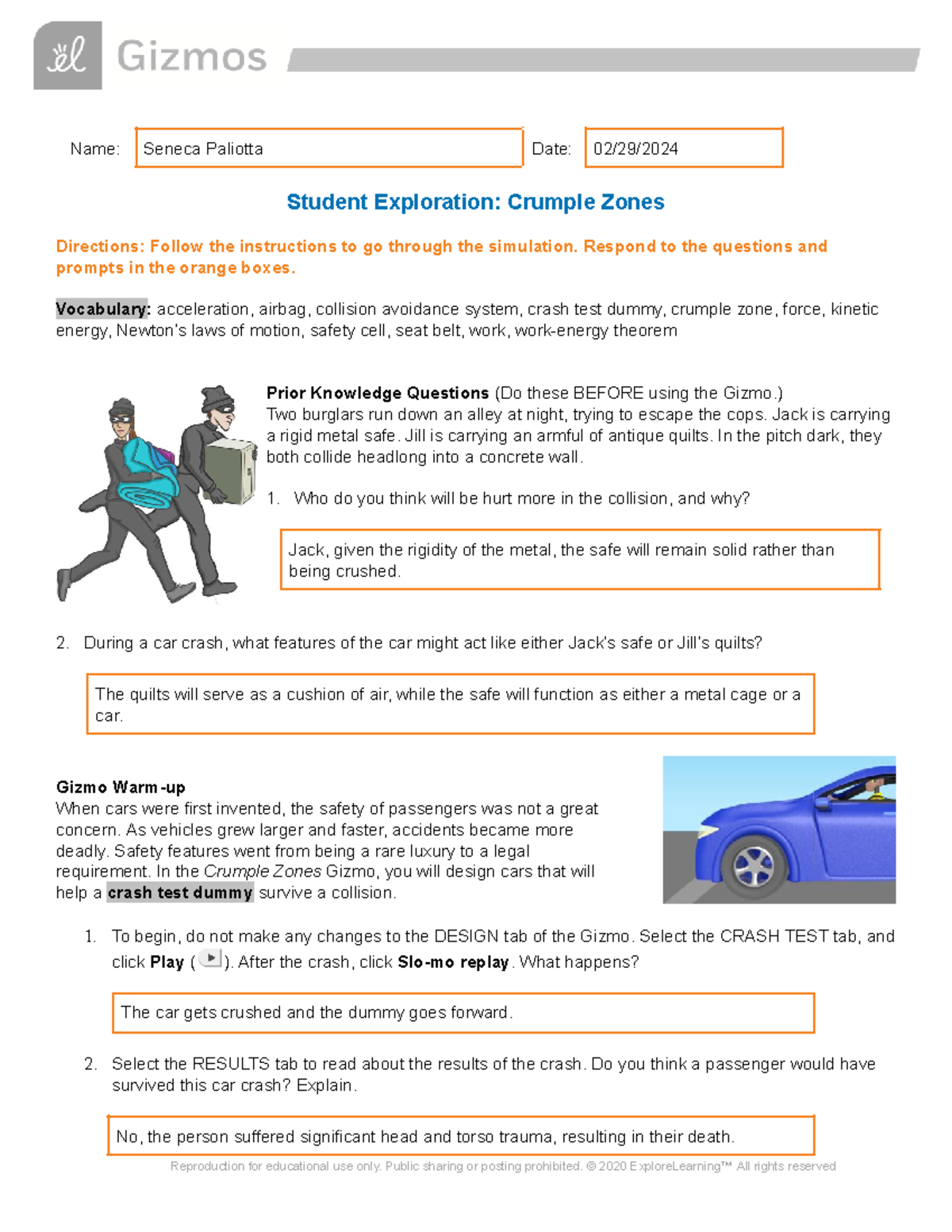 Crumple Zones SE Gizmo - Name: Seneca Paliotta Date: 02/29/ Student ...