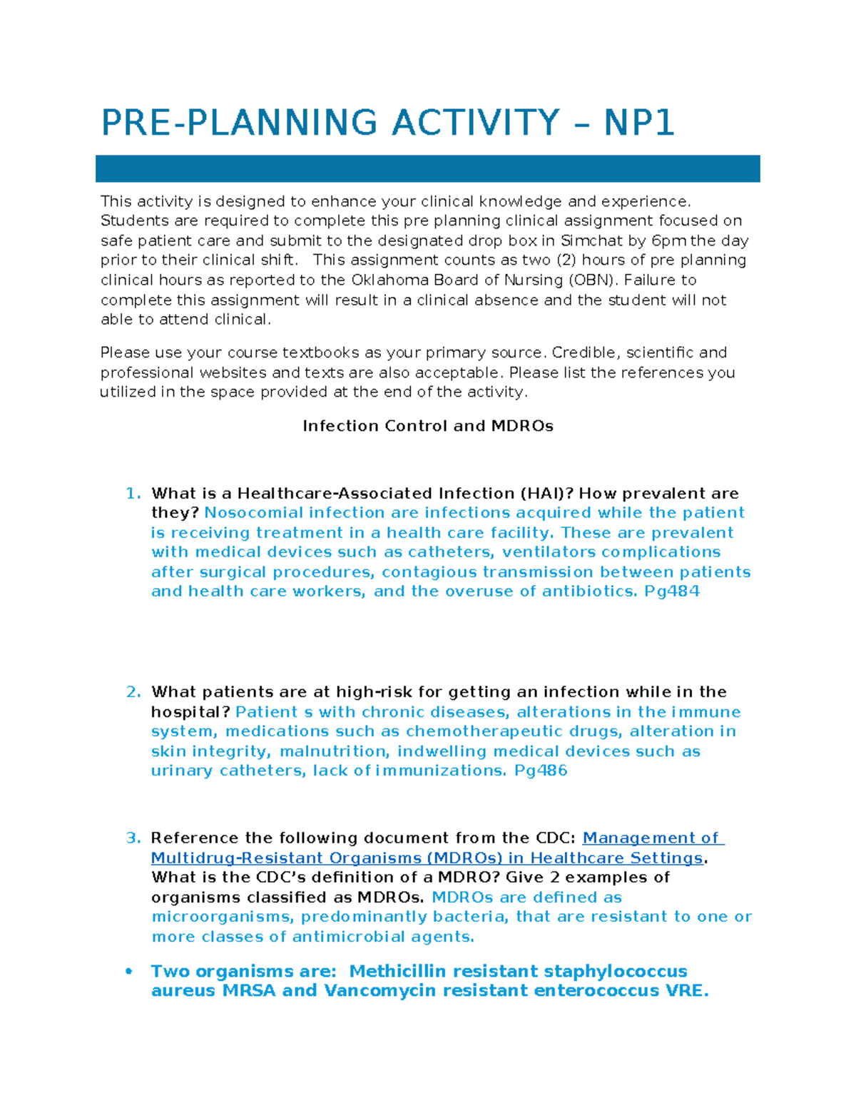 1 N Preplan Infection Control - PRE-PLANNING ACTIVITY – NP This activity is designed to enhance ...