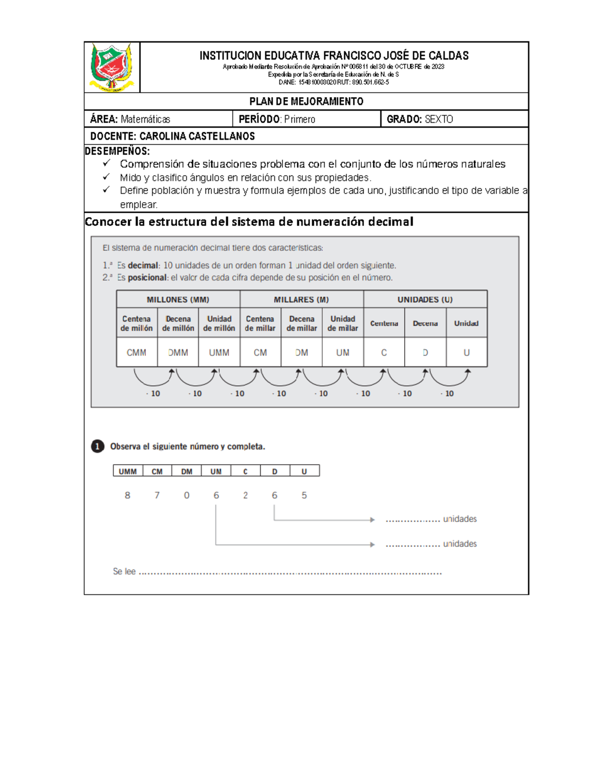 PLAN DE Mejoramiento - mdkdk - INSTITUCION EDUCATIVA FRANCISCO JOSÉ DE ...