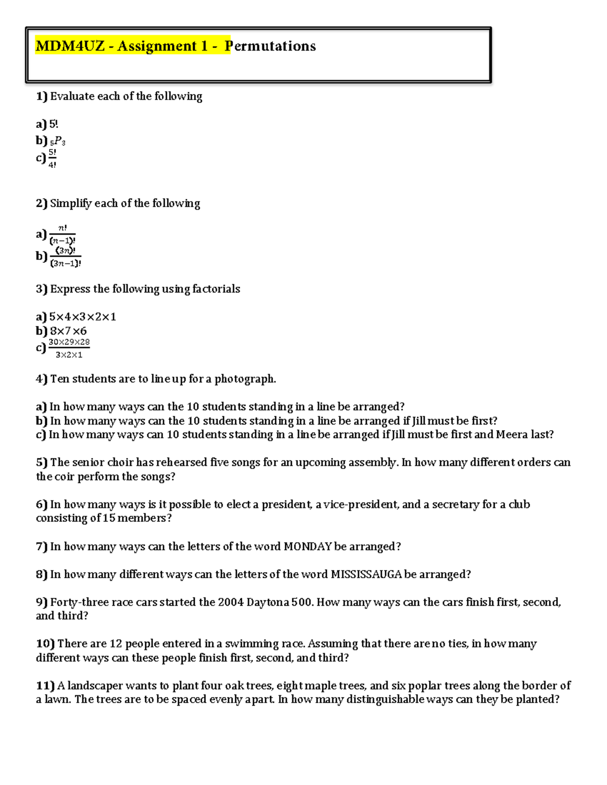 LUK Permutations Assignment 1 - MDM4UZ - Assignment 1 - Permutations ...