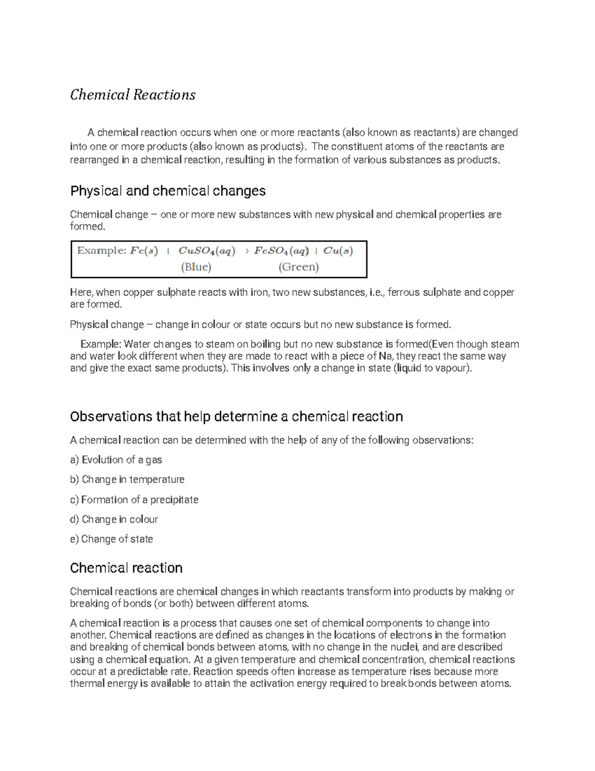 Chemistry notes on reactions - Chemical Reactions A chemical reaction ...