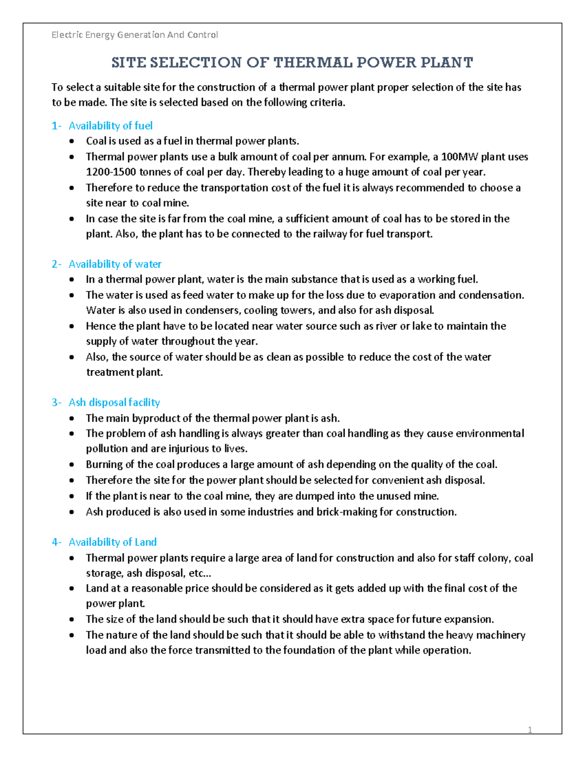 Thermal Power Plant Site Selection - Electric Energy Generation And ...