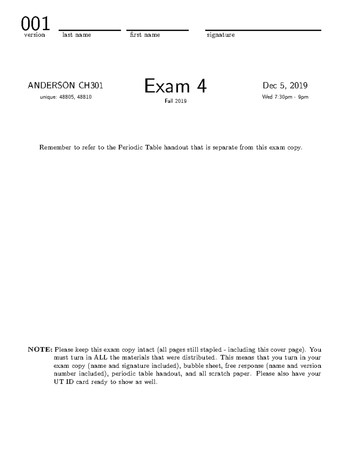Exam 4 - KEY - Problems from Exam four with explanation - 001 version ...