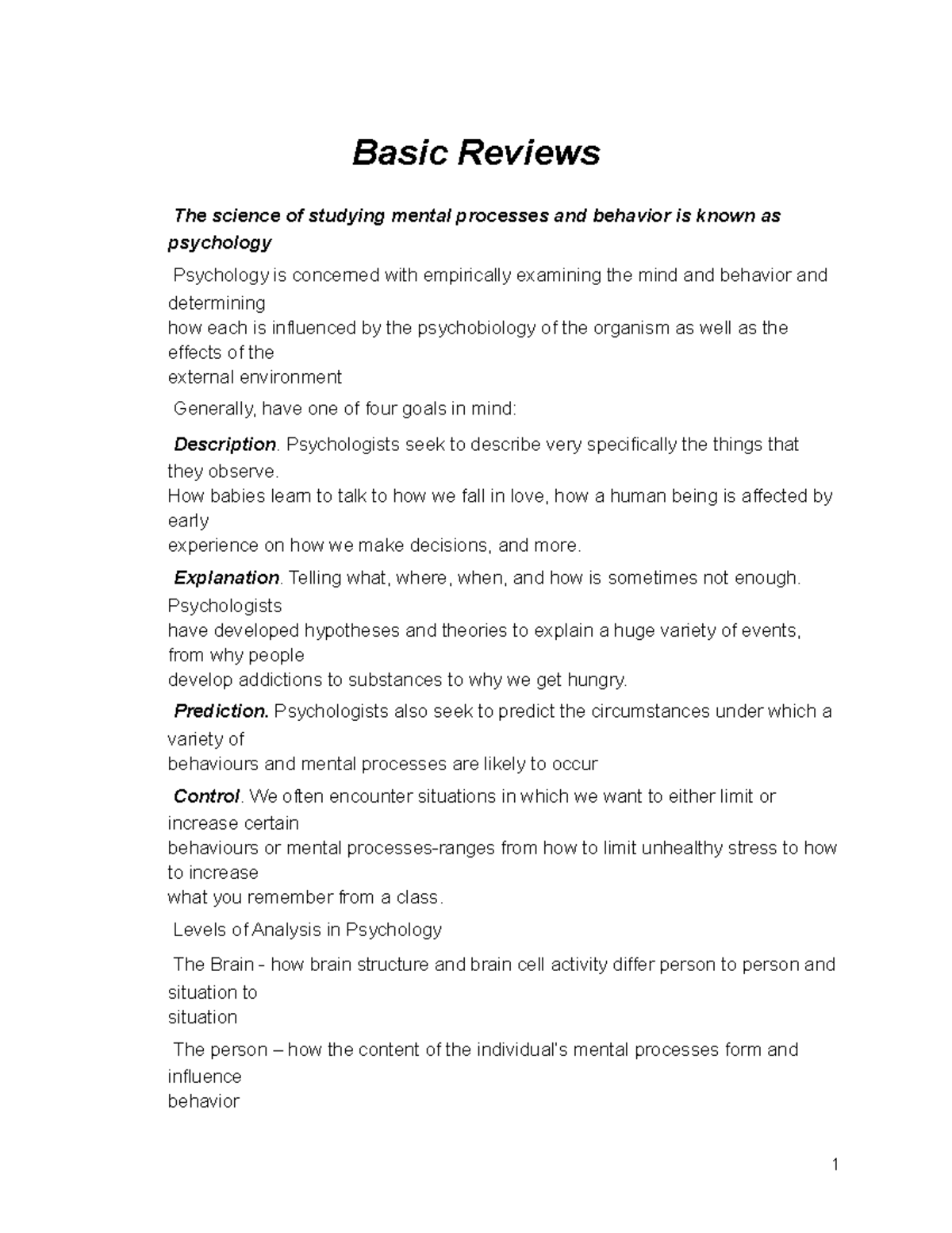 Basic Review for Class - Basic Reviews The science of studying mental ...