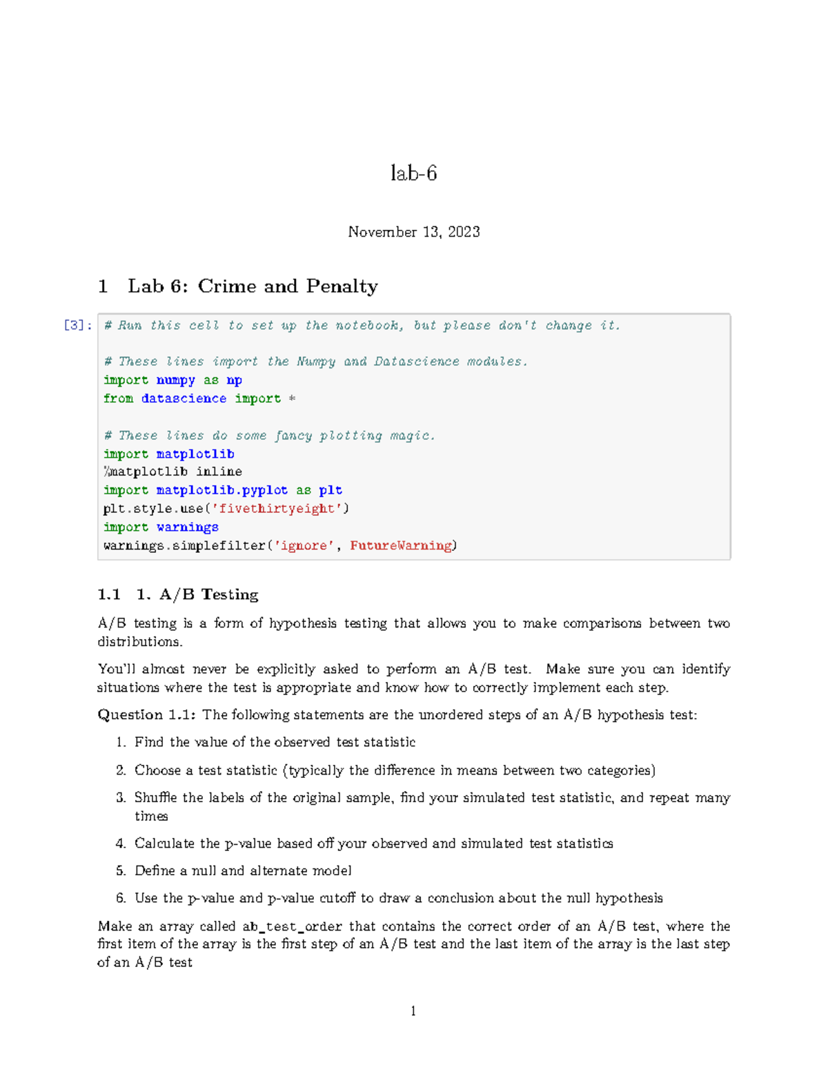 Lab-6 - 100% correct answers for UNC's Lab 6 for Stor 120. - lab ...